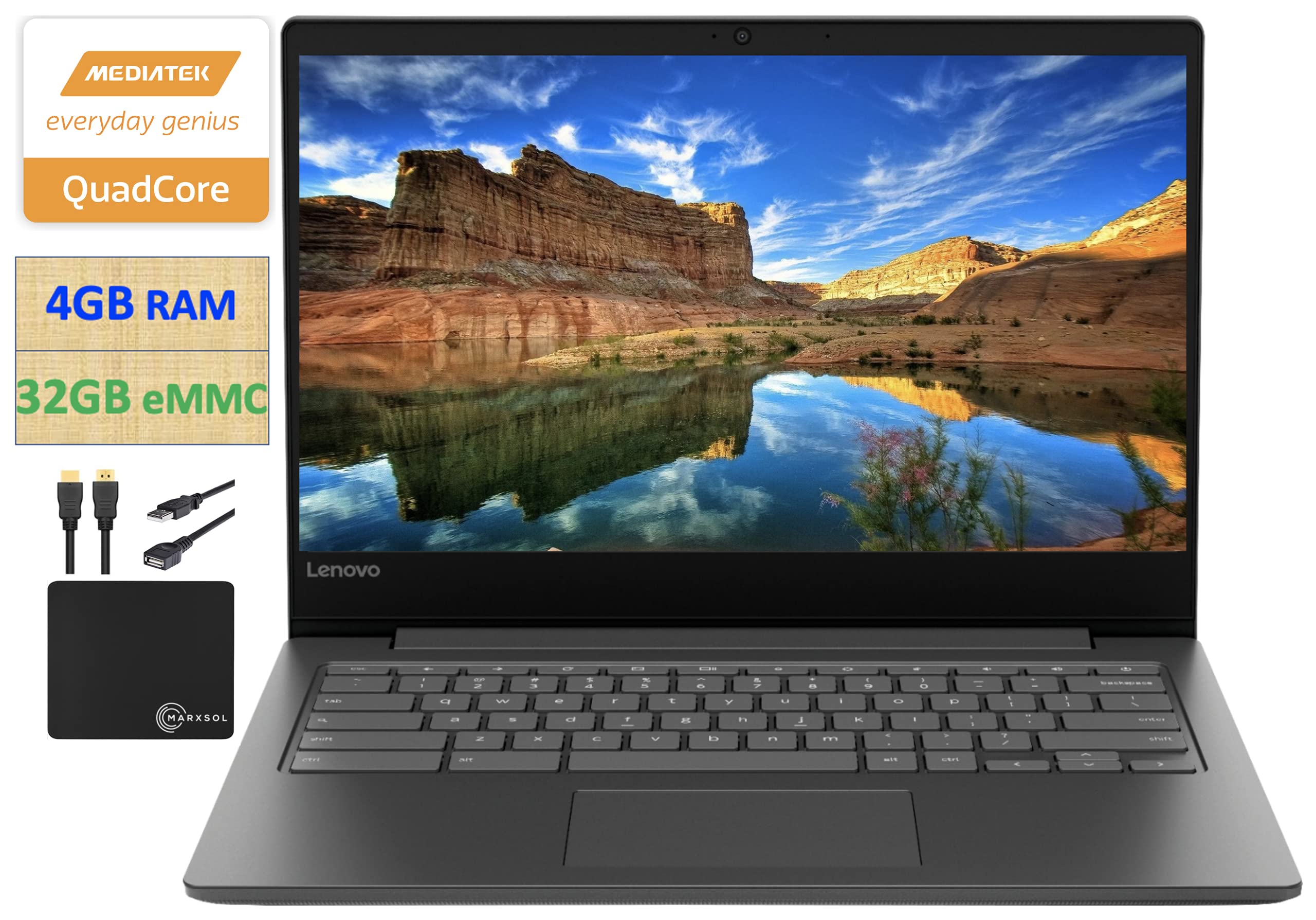 2021 Newest Lenovo Chromebook S330 14" Laptop Computer for Business Student, Quad-Core MediaTek MT8173C 2.1GHz, 4GB RAM, 32GB eMMC, 802.11ac WiFi, Webcam, 10 Hours Battery, Chrome OS, +MarxsolCables