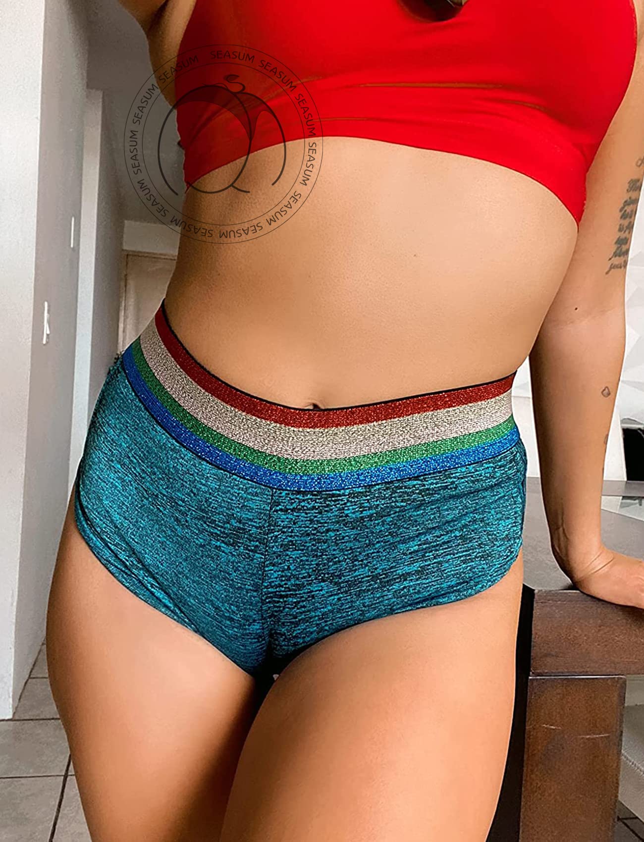 SEASUM Women Sexy Booty Shorts High Waisted Butt Lifting Hot Dance Costume Exotic Rave Clubwear S