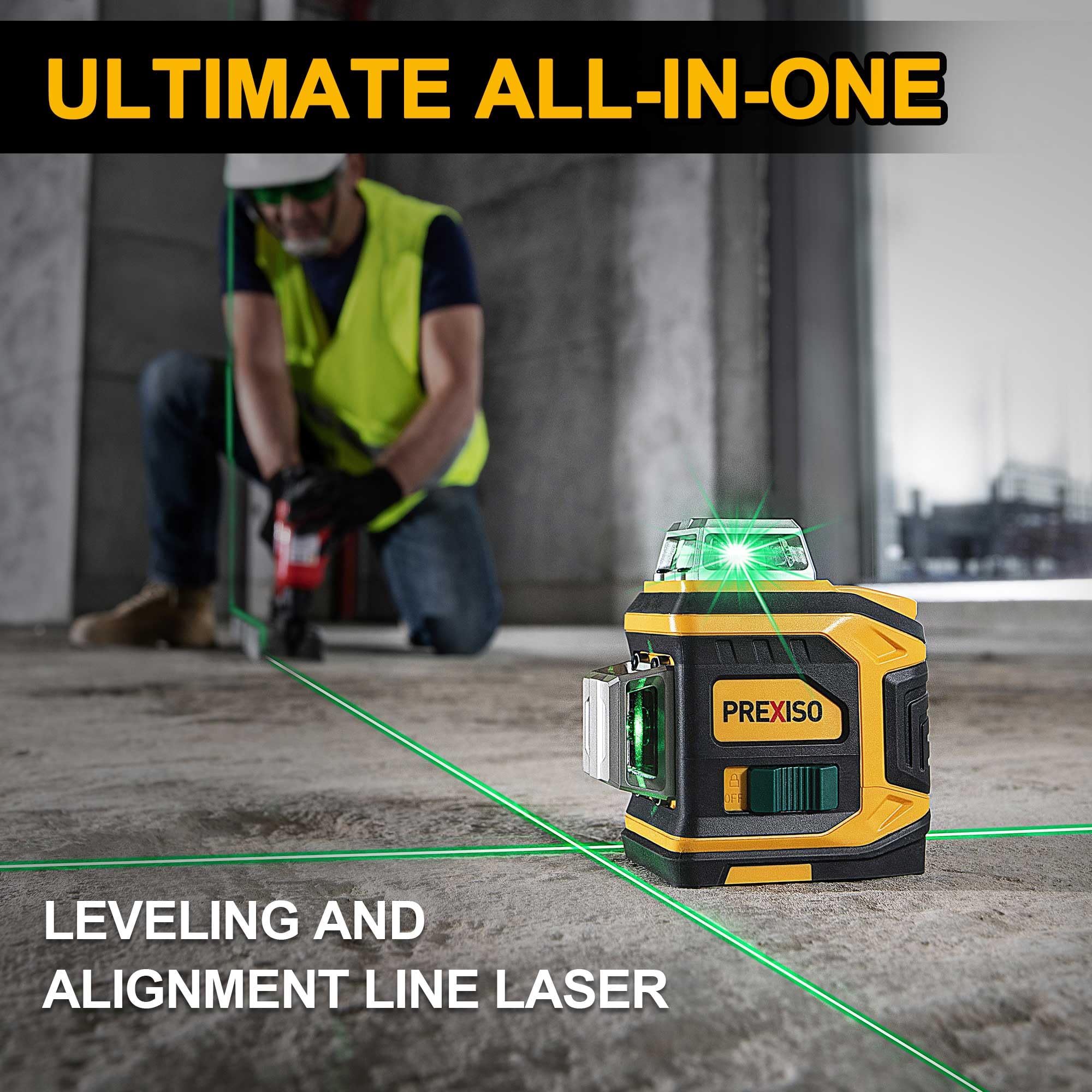 PREXISO Laser Level 3 X 360° Self Leveling - Rechargeable Cross Line Leveler, Green Line Laser Level with Tripod, Magnetic Base, Green Glasses, Portable Bag for Construction, Tile, Home Renovation
