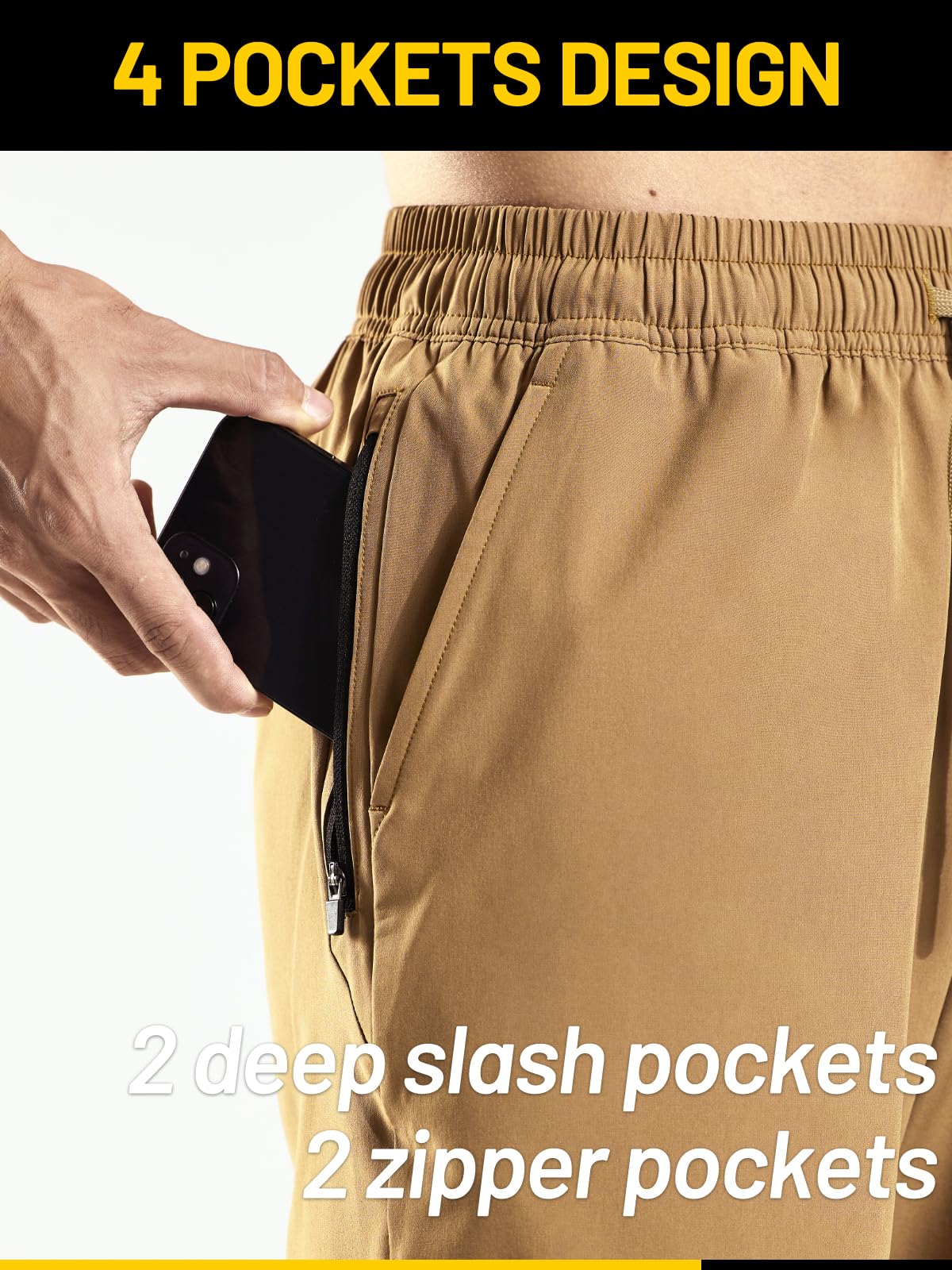MIER Men's Quick Dry Running Shorts with Zipper Pockets, 7" Athletic Workout Gym Exercise Fitness Shorts Without Liner/Brief, Khaki, XL