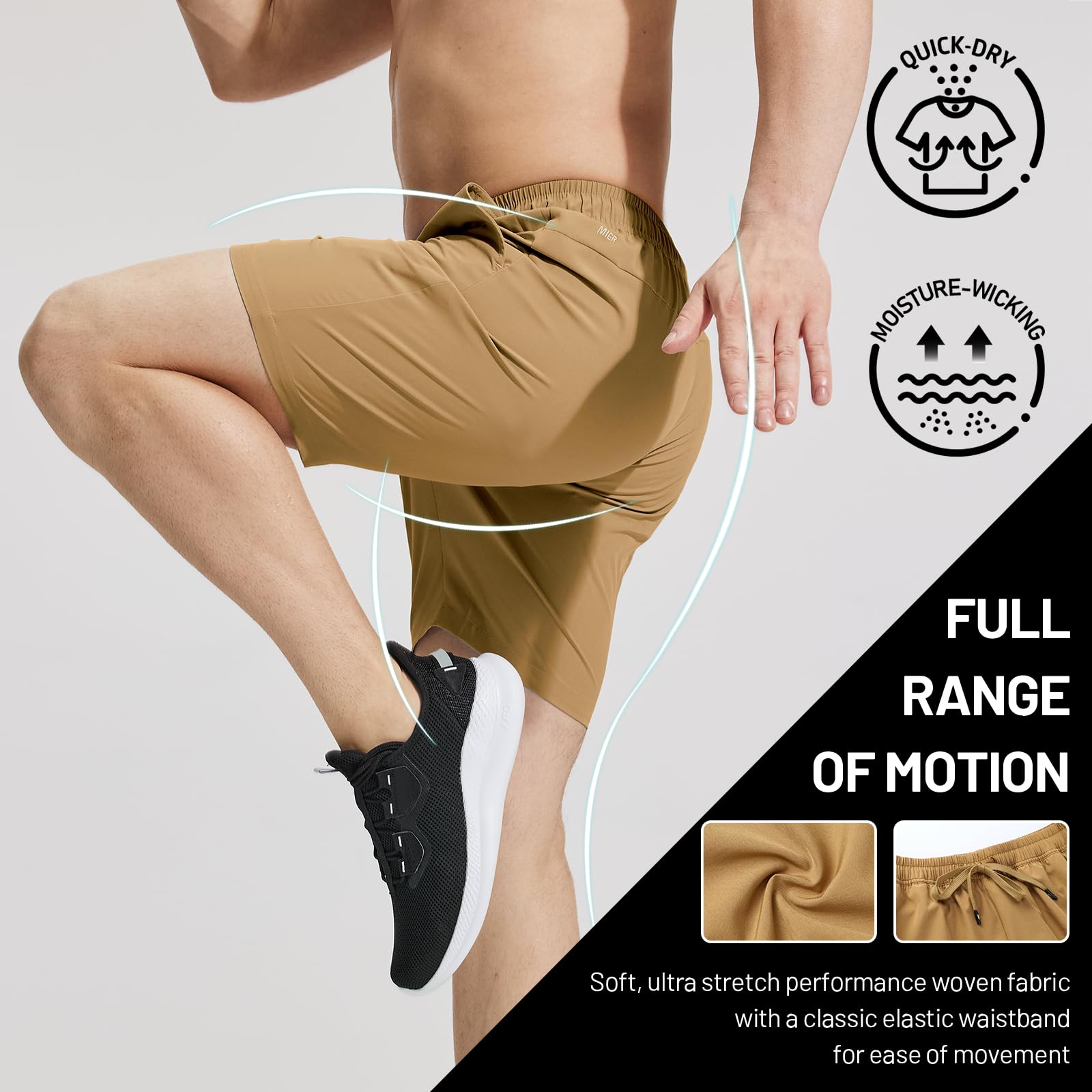 MIER Men's Quick Dry Running Shorts with Zipper Pockets, 7" Athletic Workout Gym Exercise Fitness Shorts Without Liner/Brief, Khaki, XL