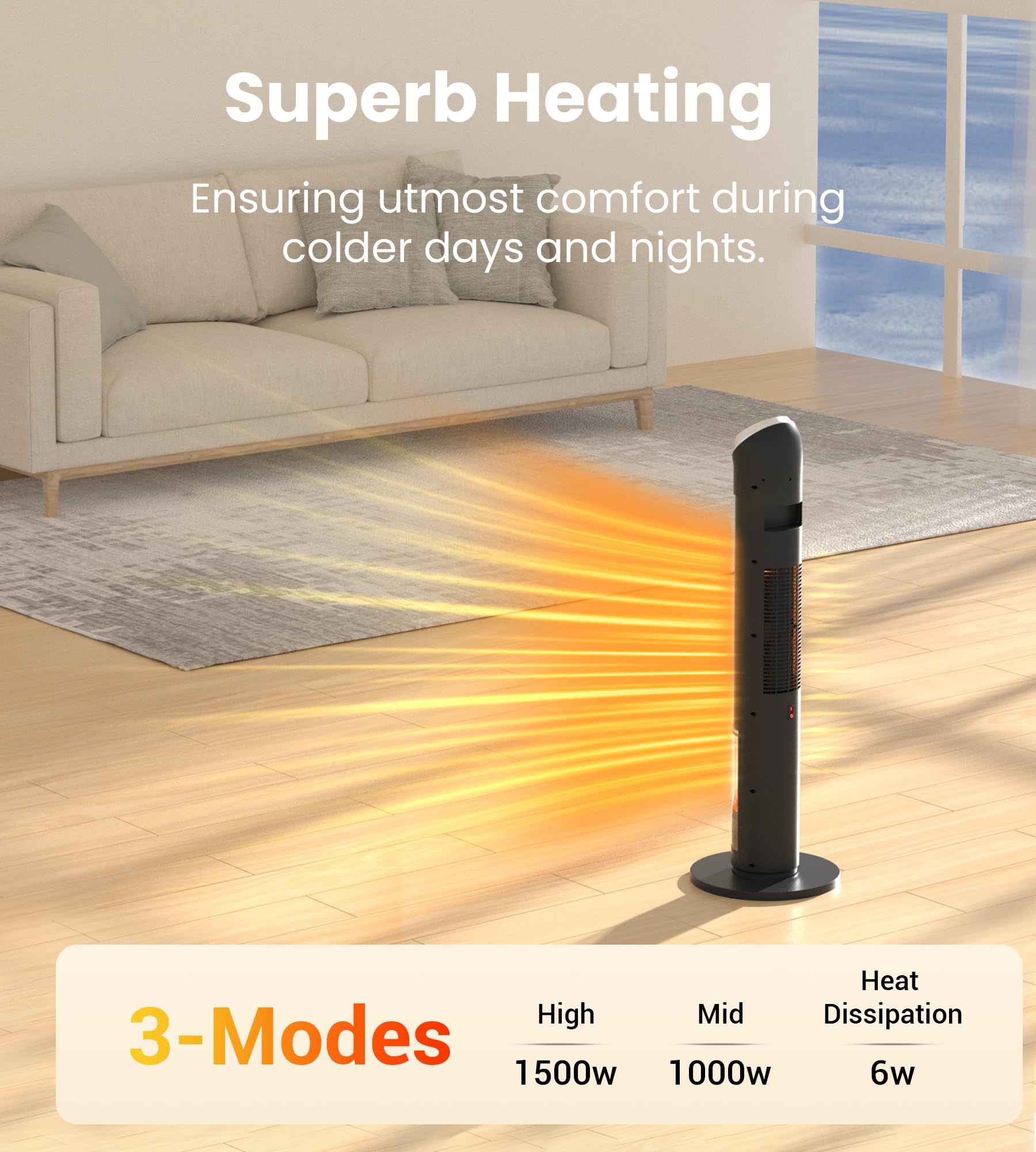 Mountman Space Heater, 38" Tower Heater with Remote, 3 Modes, 80° Osillation, Overheating & Tip-Over Protection, Electric Heater for Large Room, Office Use
