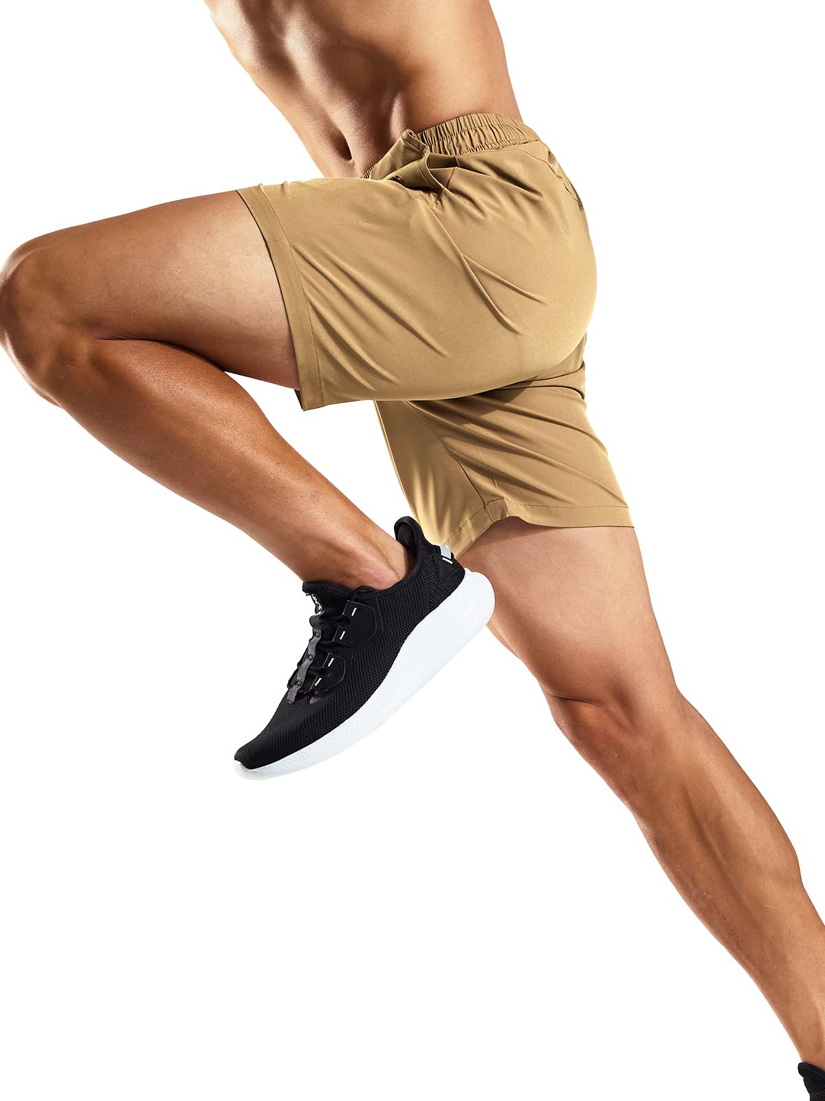 MIER Men's Quick Dry Running Shorts with Zipper Pockets, 7" Athletic Workout Gym Exercise Fitness Shorts Without Liner/Brief, Khaki, XL