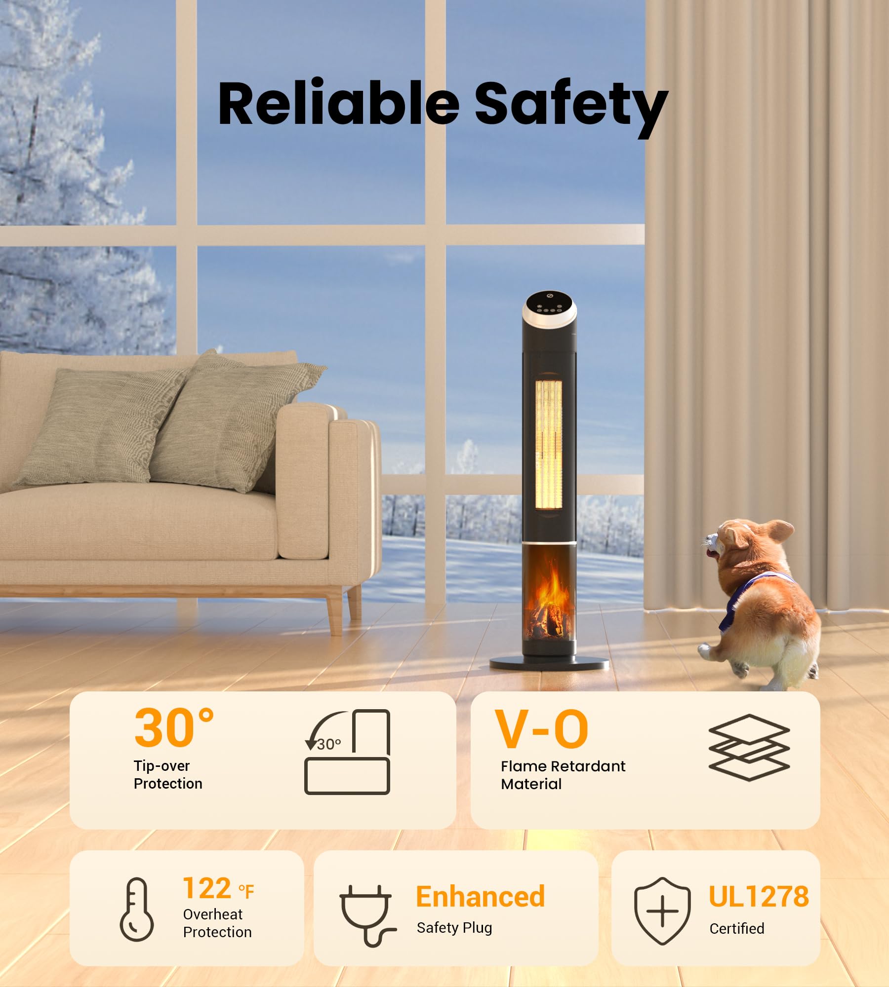 Mountman Space Heater, 38" Tower Heater with Remote, 3 Modes, 80° Osillation, Overheating & Tip-Over Protection, Electric Heater for Large Room, Office Use