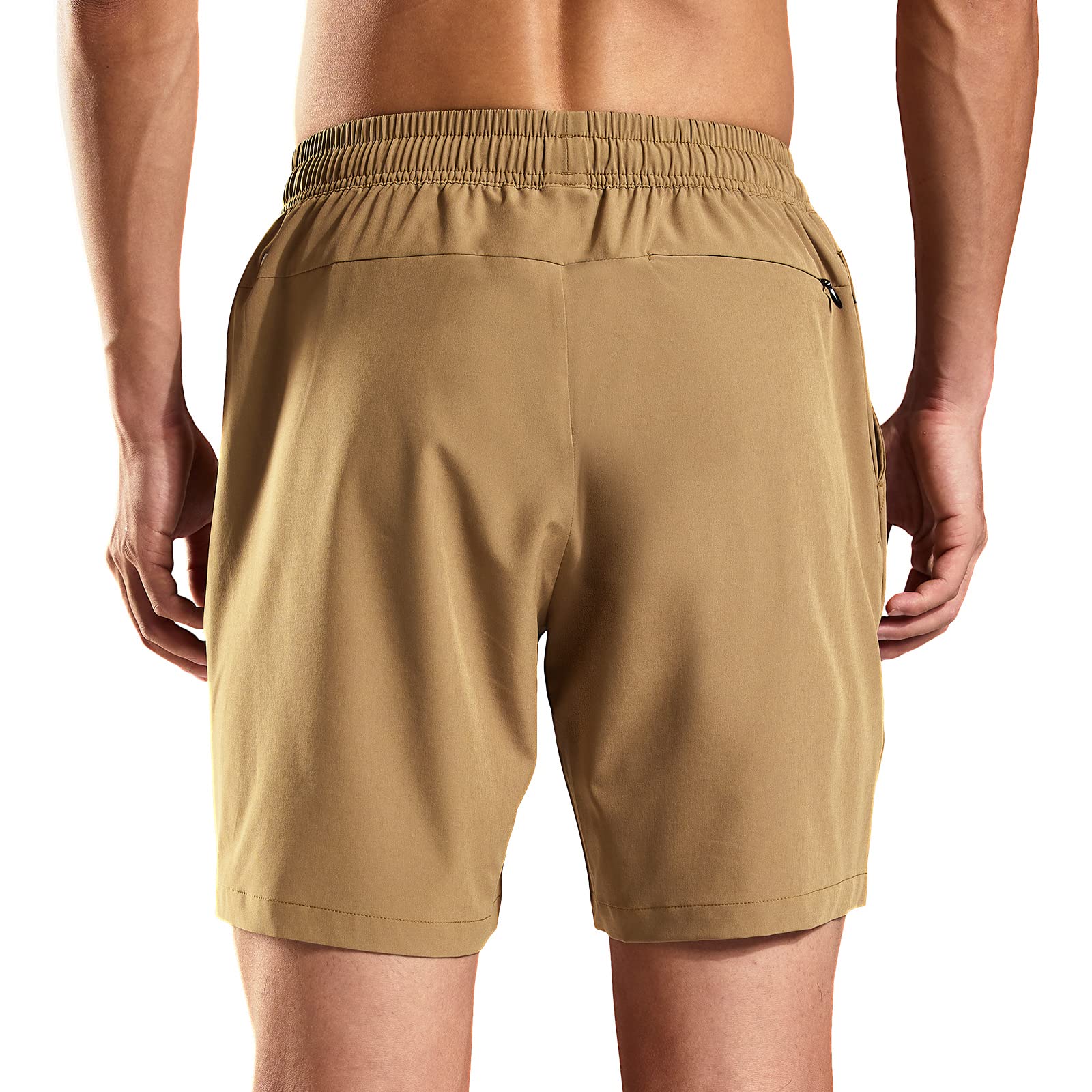 MIER Men's Quick Dry Running Shorts with Zipper Pockets, 7" Athletic Workout Gym Exercise Fitness Shorts Without Liner/Brief, Khaki, XL