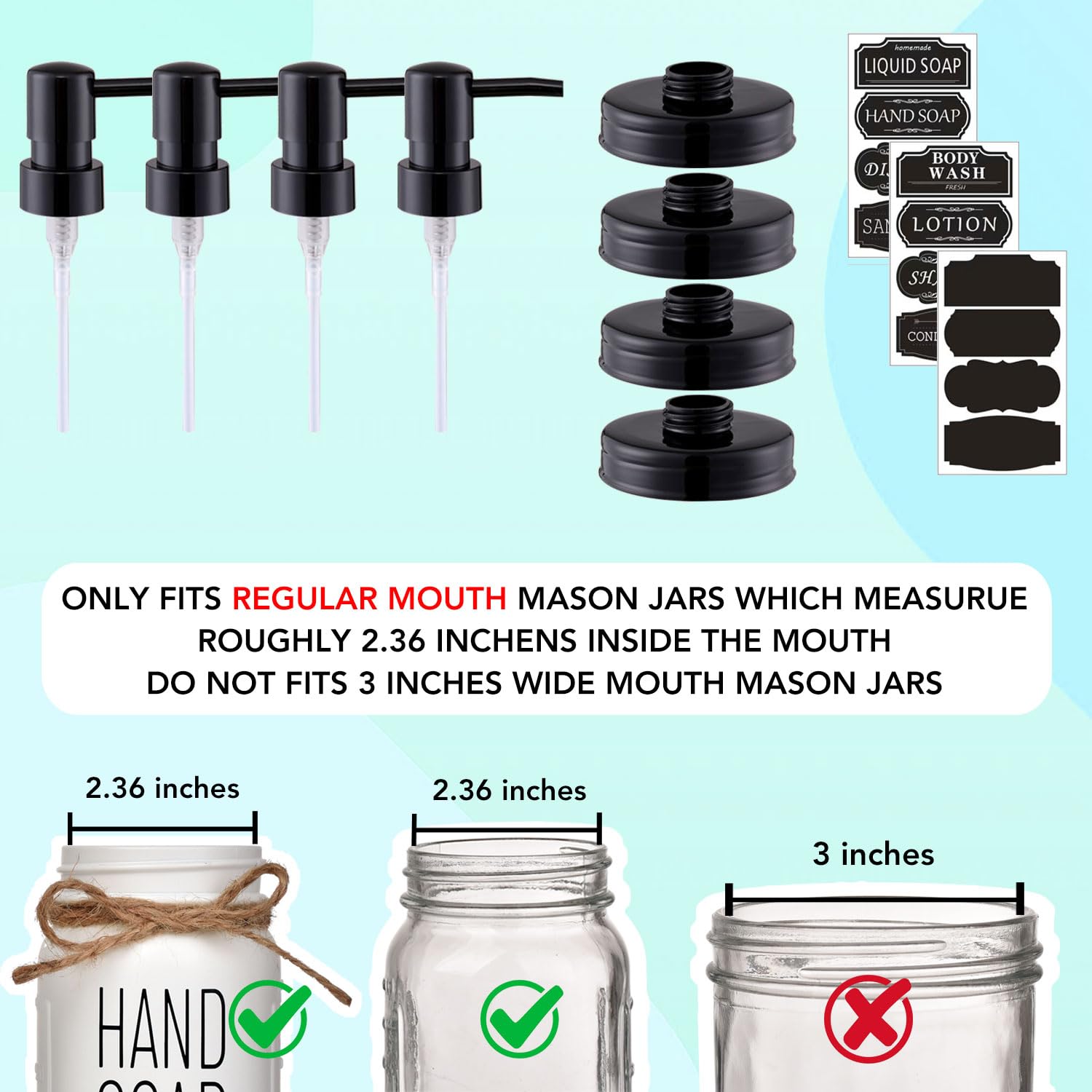 Elwiya Rustic/Farmhouse Mason Jar Soap Dispenser Lid and Pump Rust Proof, Black Plastic Dispenser Lid for 16 oz Regular Mouth Mason Jar Decor - 4 Pack