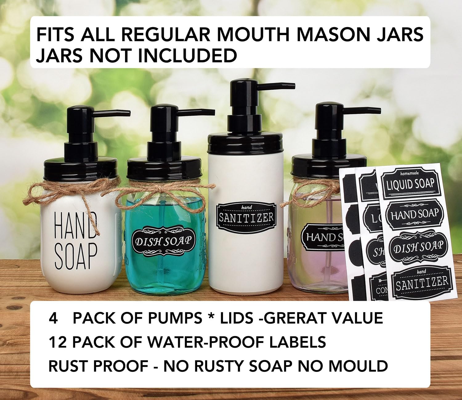 Elwiya Rustic/Farmhouse Mason Jar Soap Dispenser Lid and Pump Rust Proof, Black Plastic Dispenser Lid for 16 oz Regular Mouth Mason Jar Decor - 4 Pack