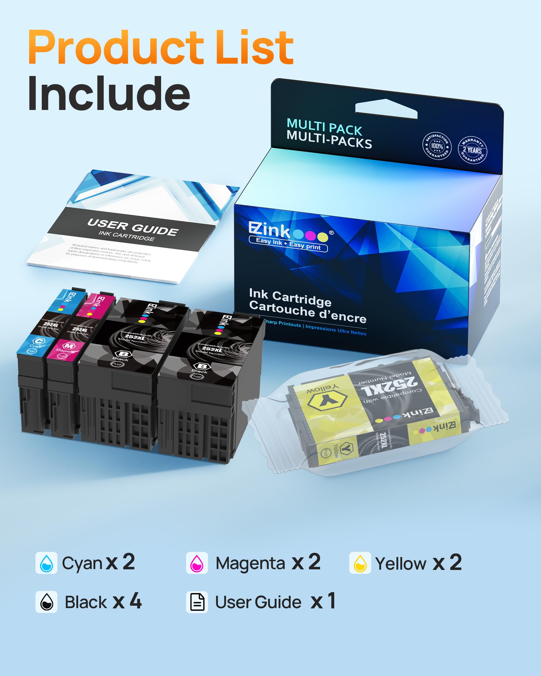 E-Z Ink (TM Remanufactured Ink Cartridge Replacement for Epson 252XL 252 XL Ink cartridges Combo Pack for Workforce WF-7110 WF-7710 WF-7720 WF-3640 WF-3620 (4 Large Black, 2 Cyan 2 Magenta 2 Yellow)