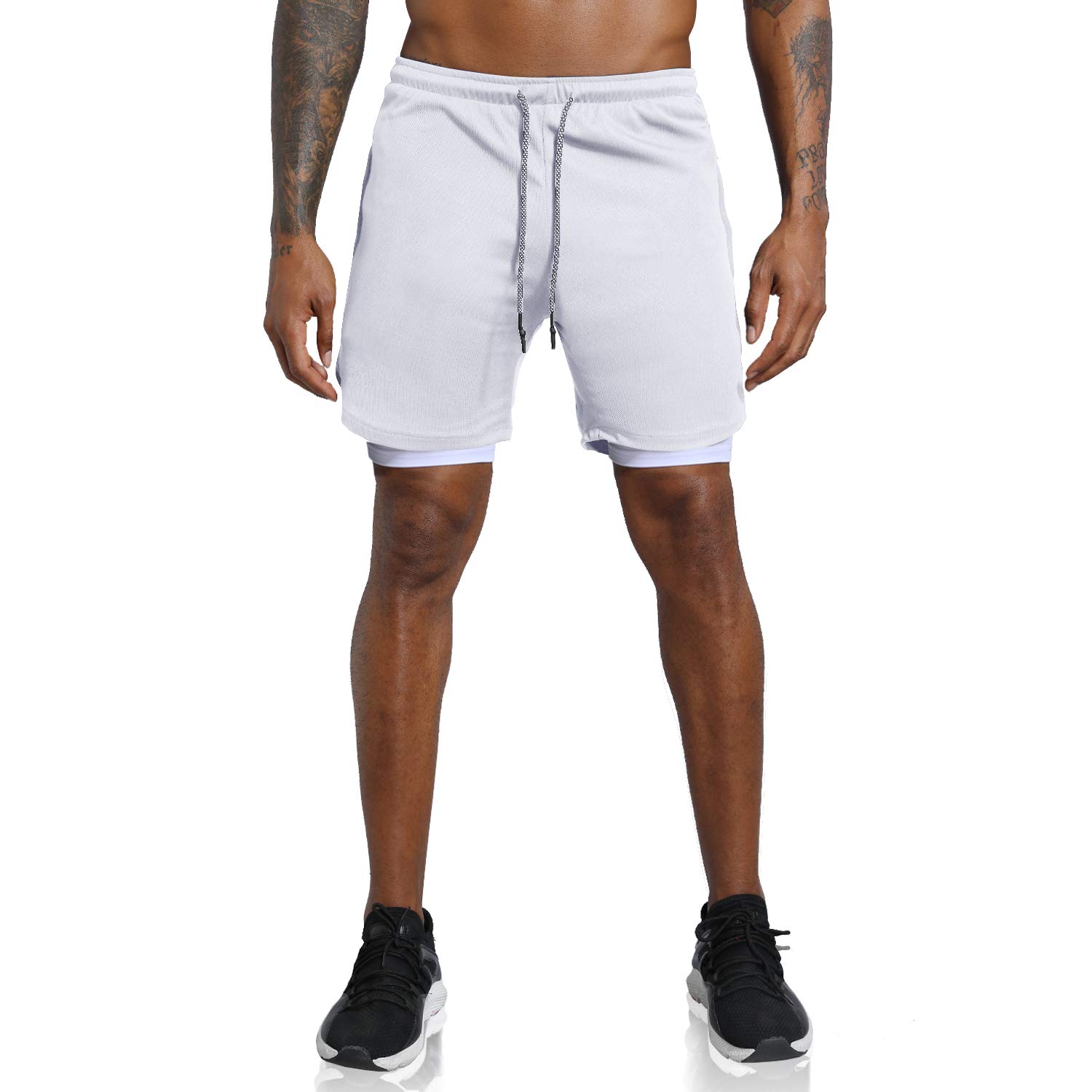 Leidowei Men Quick-Drying Breathable Mesh Running Shorts, Training Double-Layer Fitness Short Pants White S