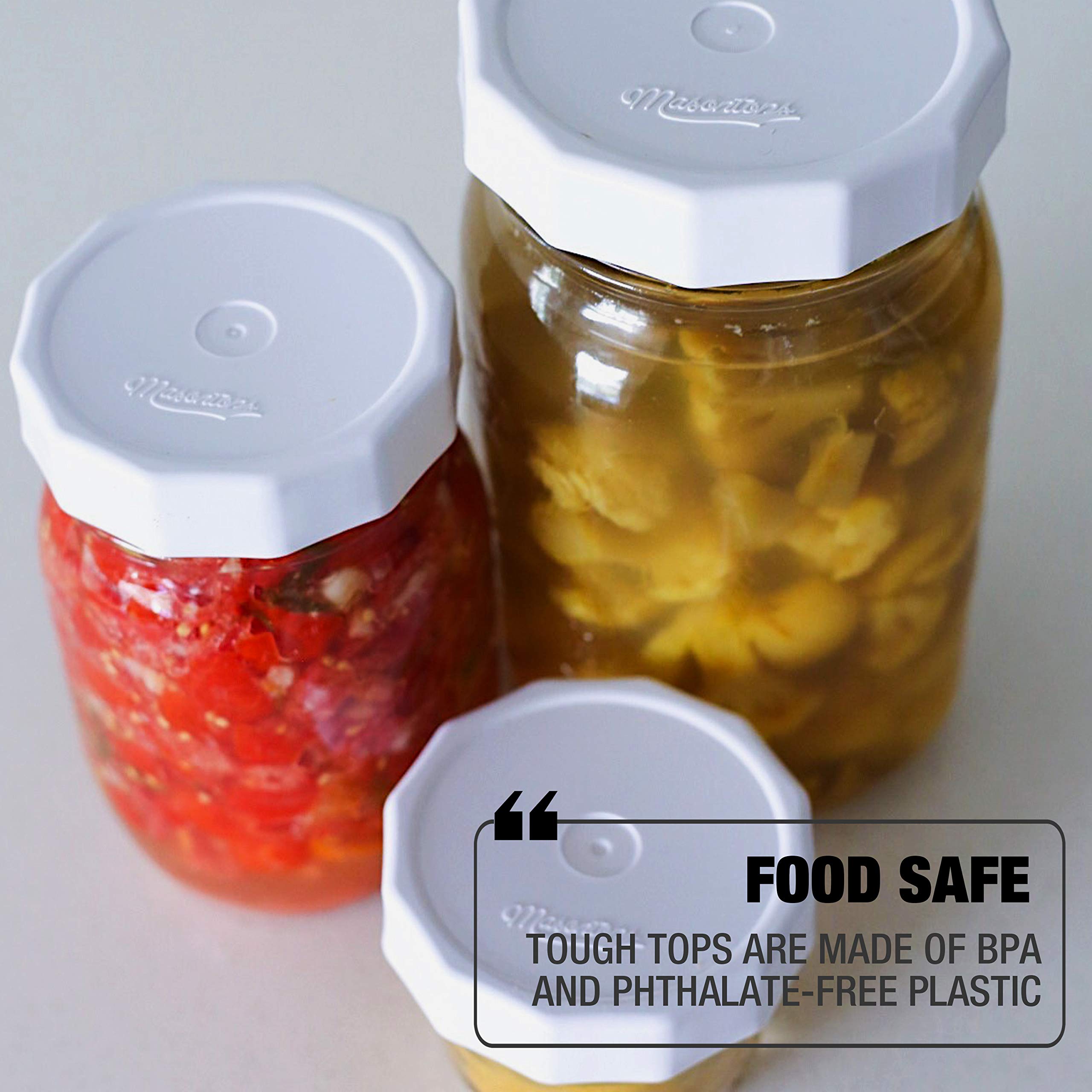 Masontops Tough Tops - Ball Regular Mouth Mason Jar Lids Plastic Leakproof - BPA-Free White Plastic Mason Jar Lids - Reusable Dry Canning Lids fit Ball Jars (Ball Mason Jars not included)