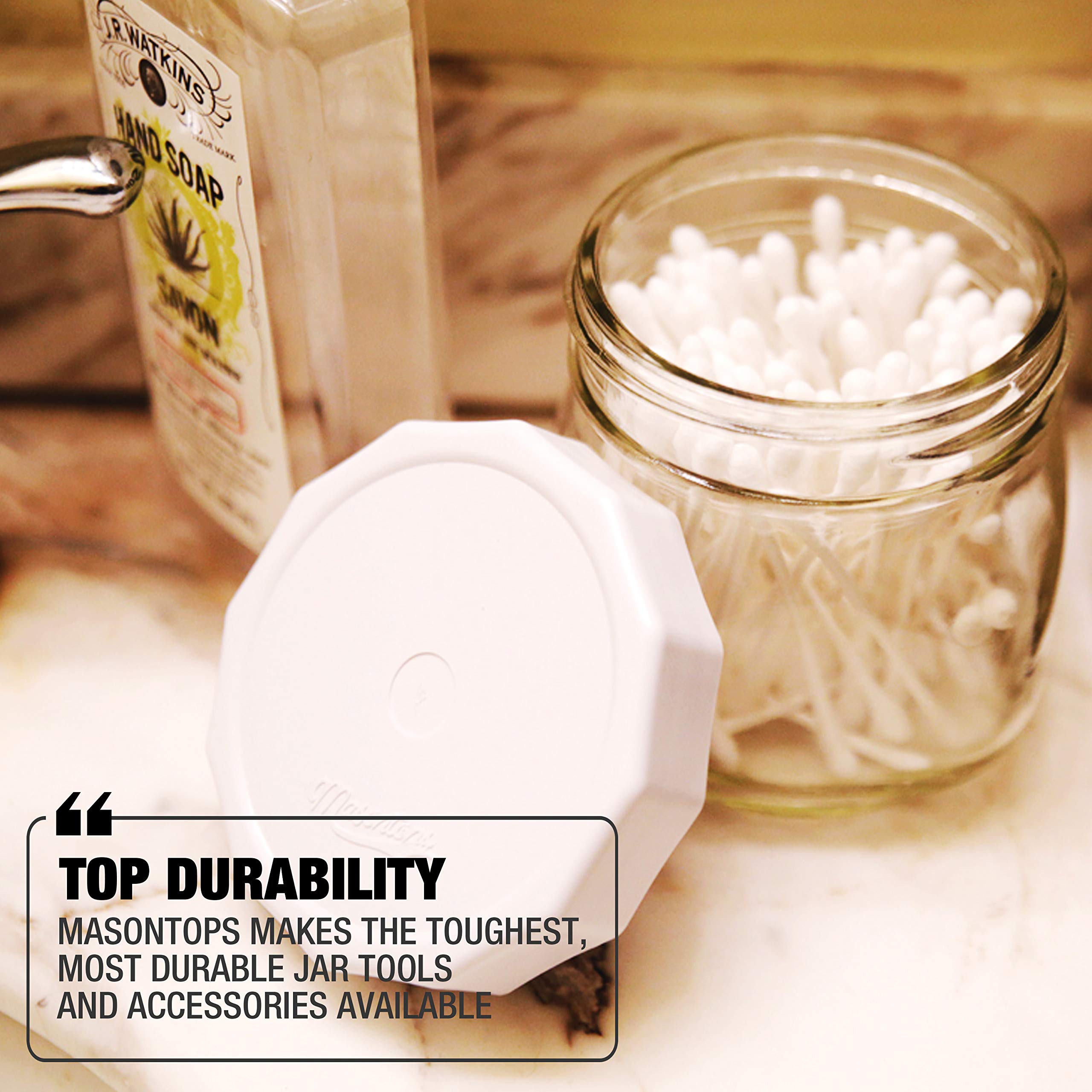 Masontops Tough Tops - Ball Regular Mouth Mason Jar Lids Plastic Leakproof - BPA-Free White Plastic Mason Jar Lids - Reusable Dry Canning Lids fit Ball Jars (Ball Mason Jars not included)