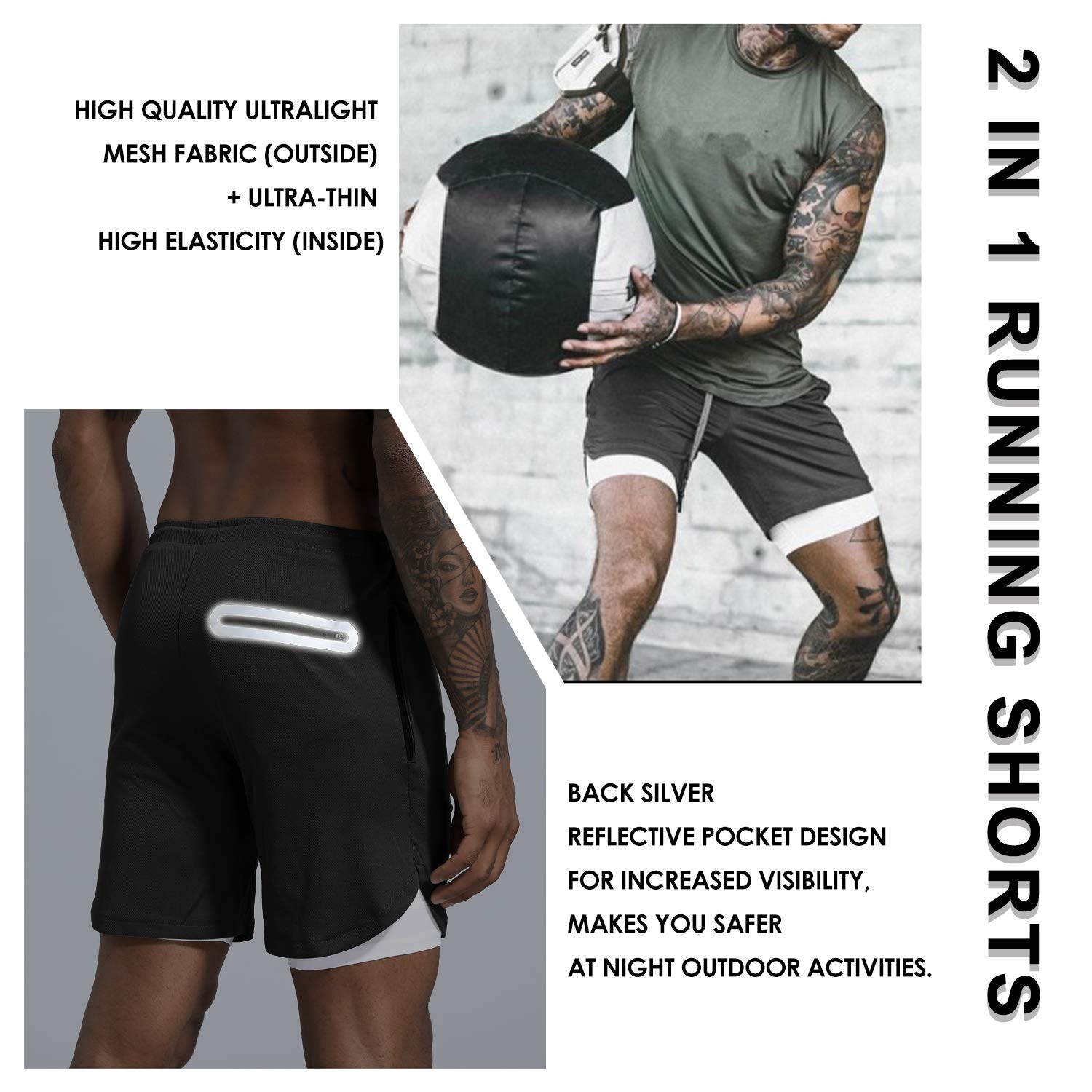 Leidowei Men Quick-Drying Breathable Mesh Running Shorts, Training Double-Layer Fitness Short Pants White S