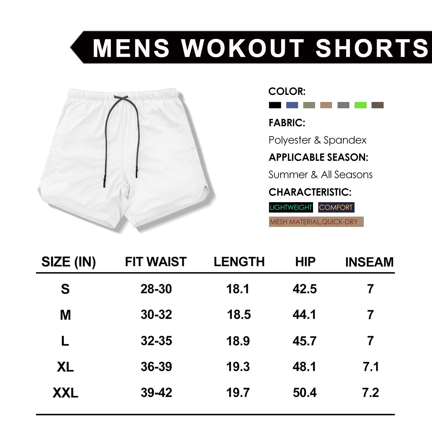 Leidowei Men Quick-Drying Breathable Mesh Running Shorts, Training Double-Layer Fitness Short Pants White S