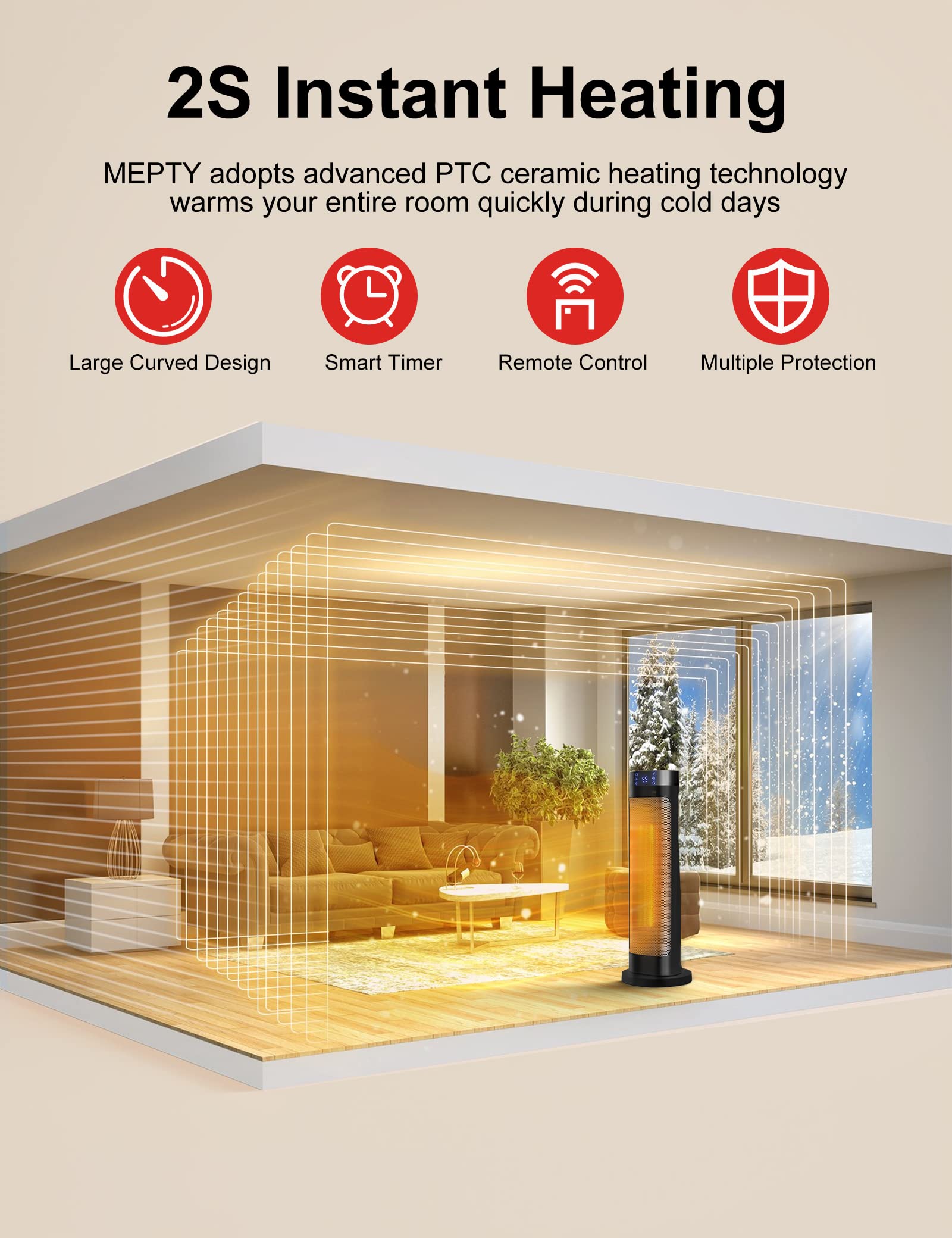 MEPTY Space Heater, 1500W Fast Heating Ceramic Electric Heaters with Remote,Thermostat, Oscillation, 1-12H Timer, Overheating & Tip-Over Protection, Portable Heater for Indoor Use (Black)