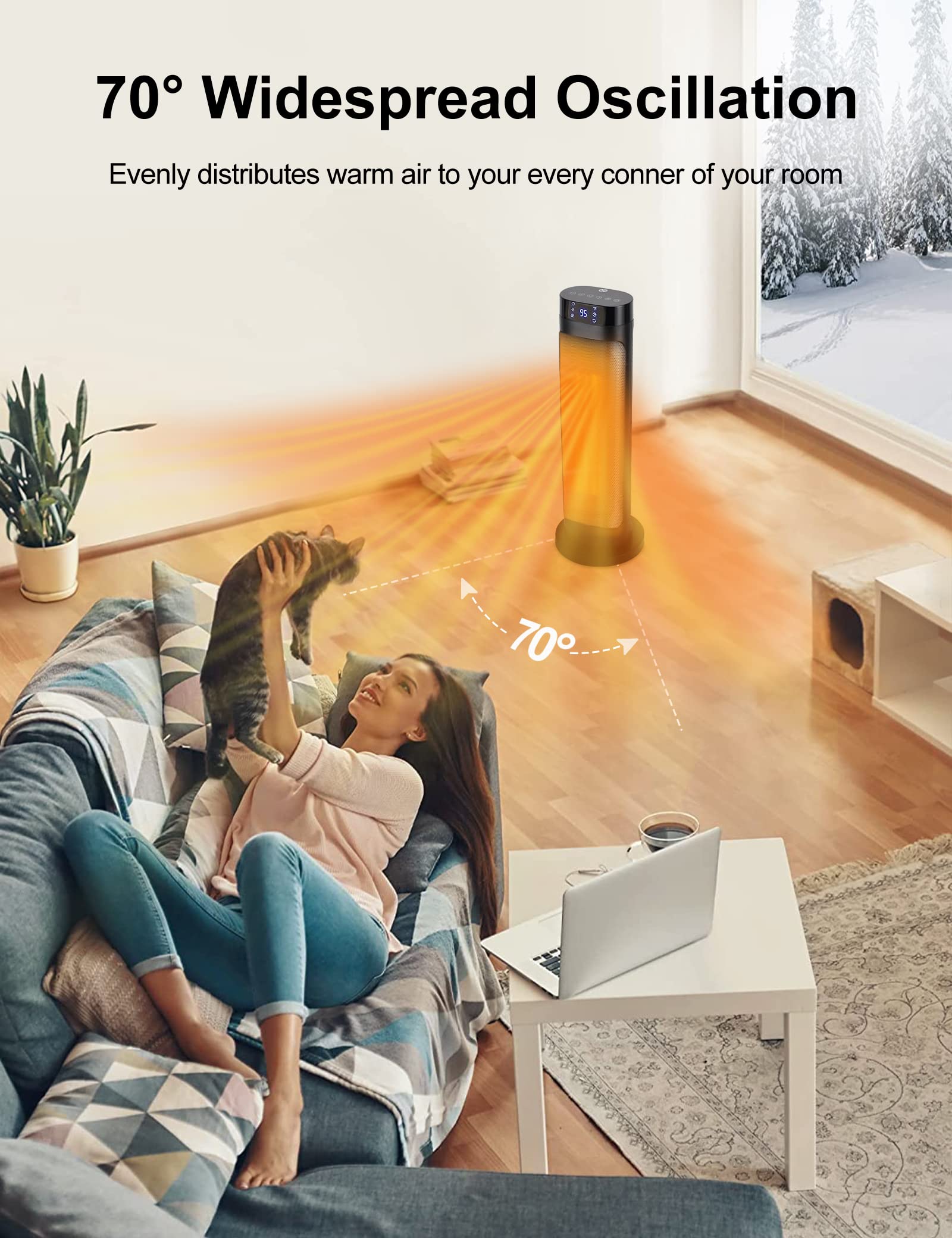 MEPTY Space Heater, 1500W Fast Heating Ceramic Electric Heaters with Remote,Thermostat, Oscillation, 1-12H Timer, Overheating & Tip-Over Protection, Portable Heater for Indoor Use (Black)