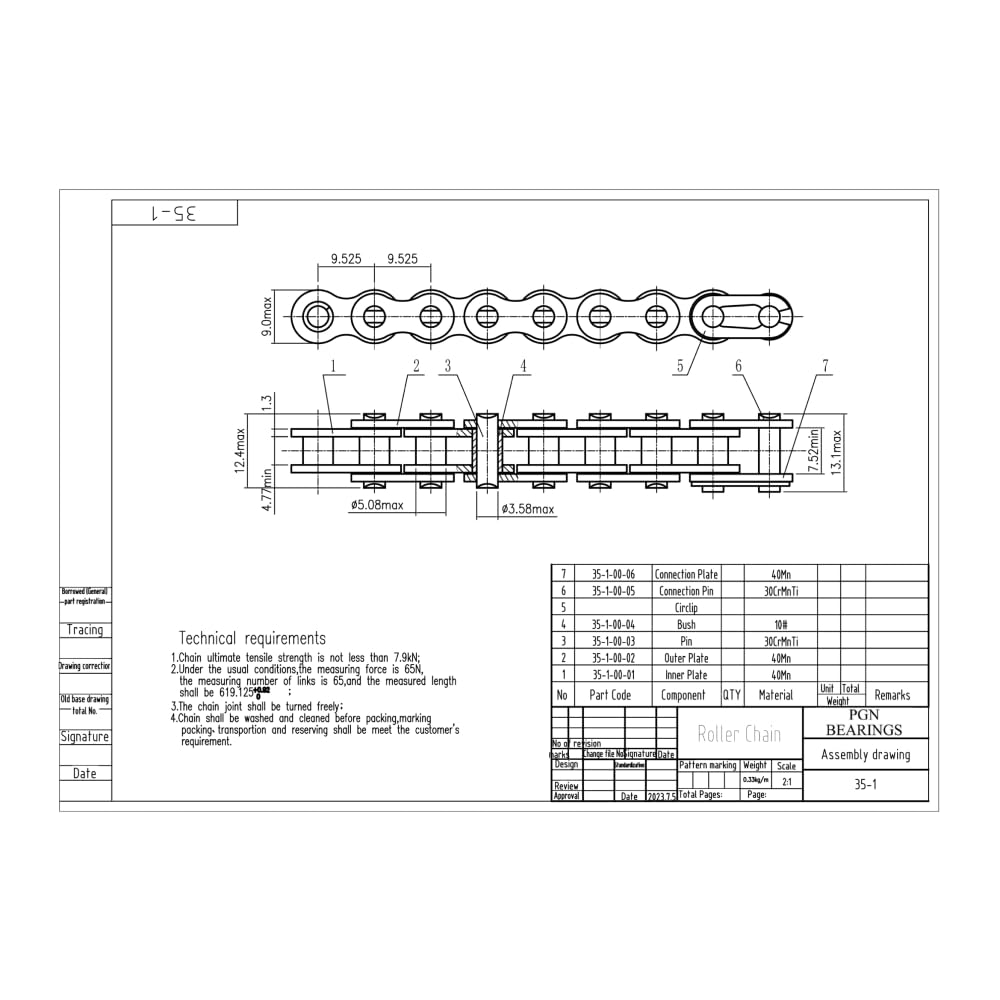 PGN #35 Roller Chain - 4 Feet + Free Connecting Link - Carbon Steel Chains for Bycicles, Mini Bikes, Motorcycles, Go-Karts, Home and Industrial Machinery - 128 Links