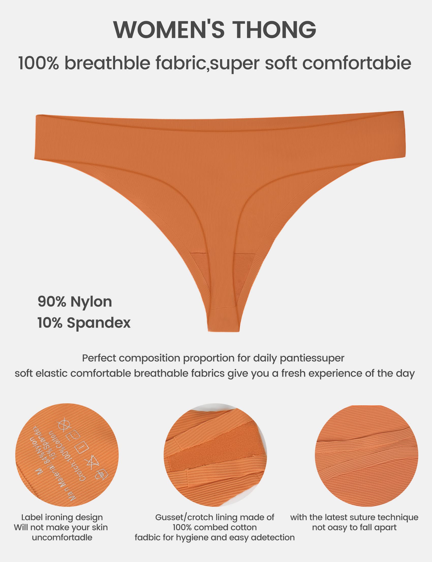 MELERIO Women Seamless Thongs 6 Pack Laser Cut Ribbed No Show Thong Underwear Breathable Low Rise Invisible Panties(6pcs-A,S)
