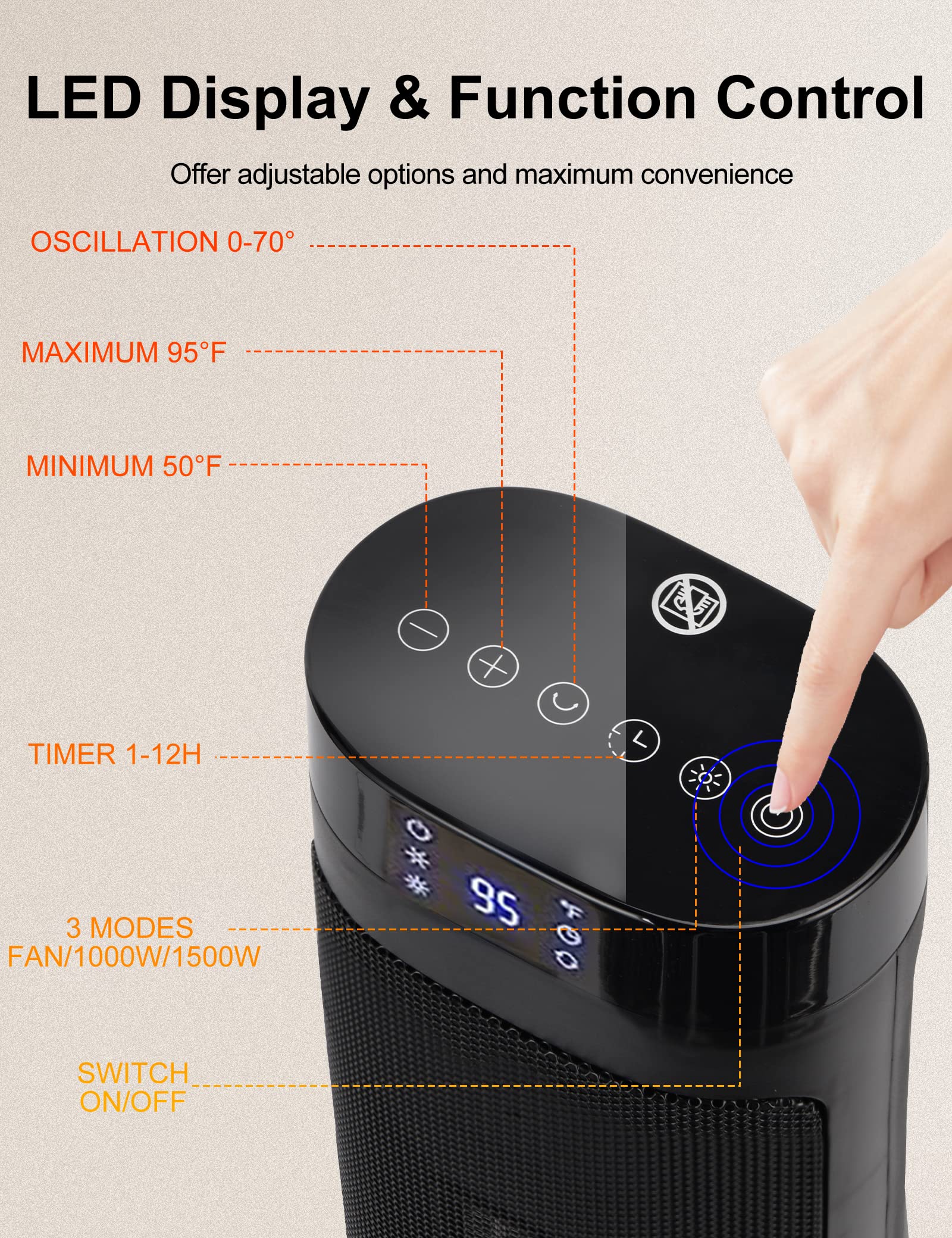 MEPTY Space Heater, 1500W Fast Heating Ceramic Electric Heaters with Remote,Thermostat, Oscillation, 1-12H Timer, Overheating & Tip-Over Protection, Portable Heater for Indoor Use (Black)