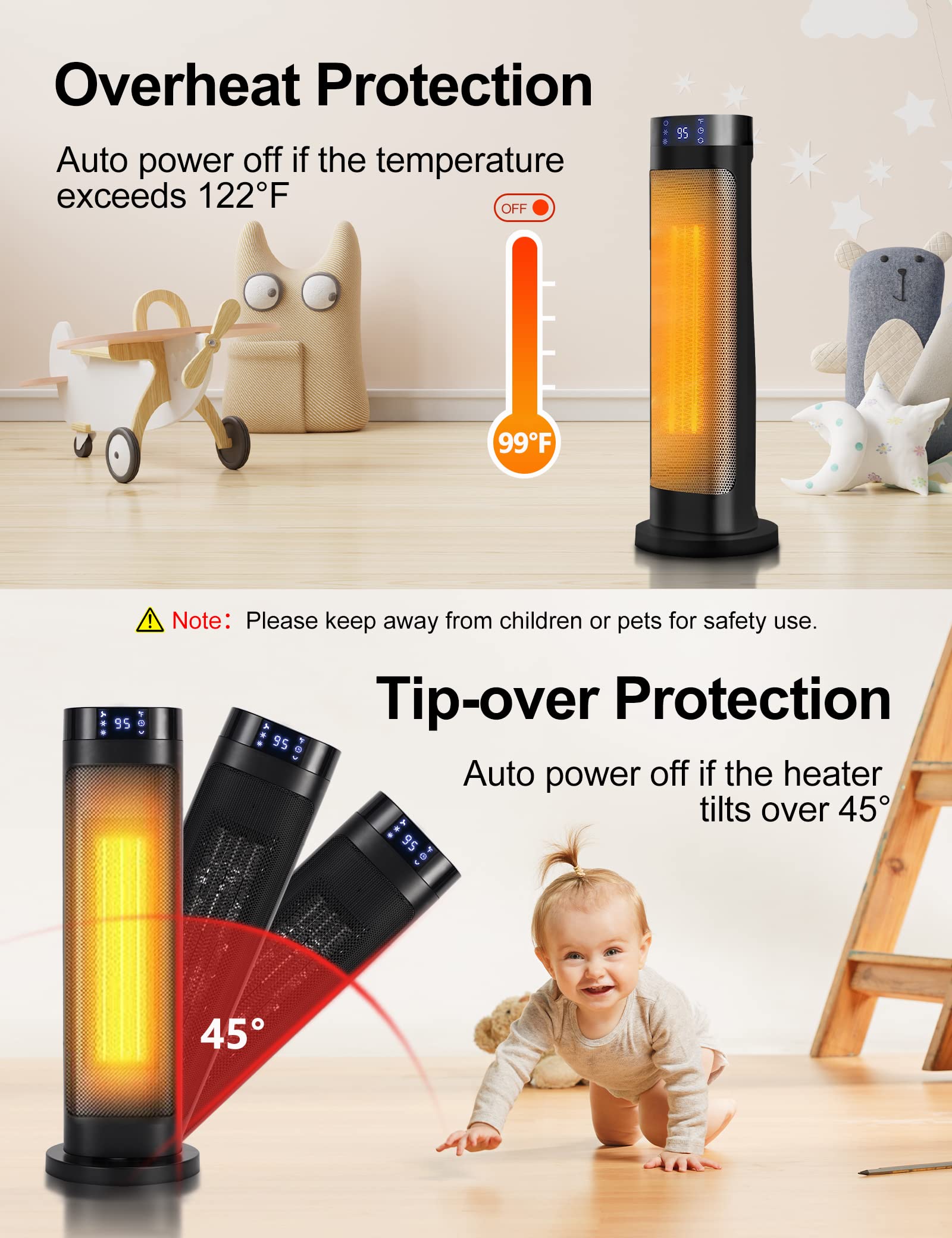 MEPTY Space Heater, 1500W Fast Heating Ceramic Electric Heaters with Remote,Thermostat, Oscillation, 1-12H Timer, Overheating & Tip-Over Protection, Portable Heater for Indoor Use (Black)