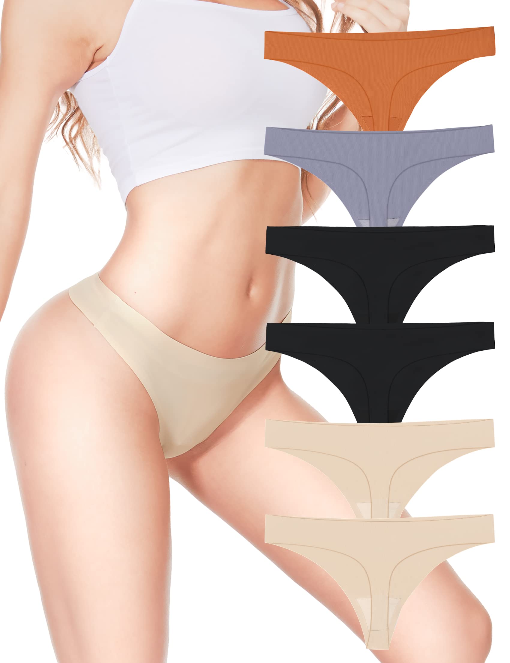 MELERIO Women Seamless Thongs 6 Pack Laser Cut Ribbed No Show Thong Underwear Breathable Low Rise Invisible Panties(6pcs-A,S)