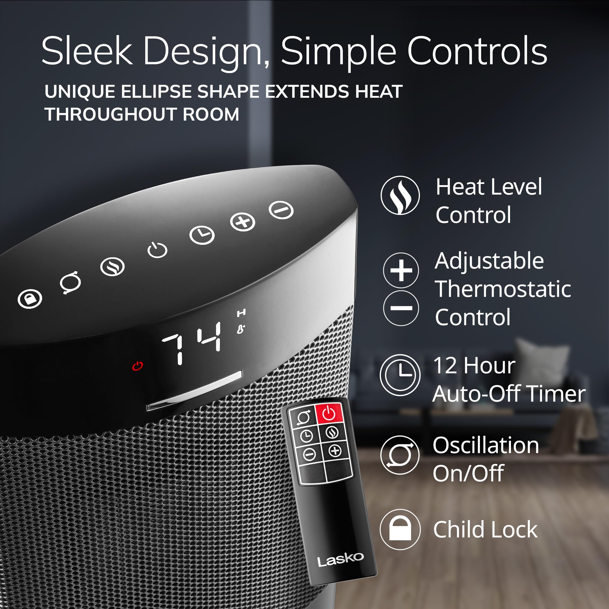 Lasko Ellipse Ceramic Tower Heater for Home with Tipover Switch, Child Lock, Digital Display, Thermostat, Wide Oscillation, Remote, Timer, For Bedroom, Office, Living Room, Den, 1500W, Black, CT18950