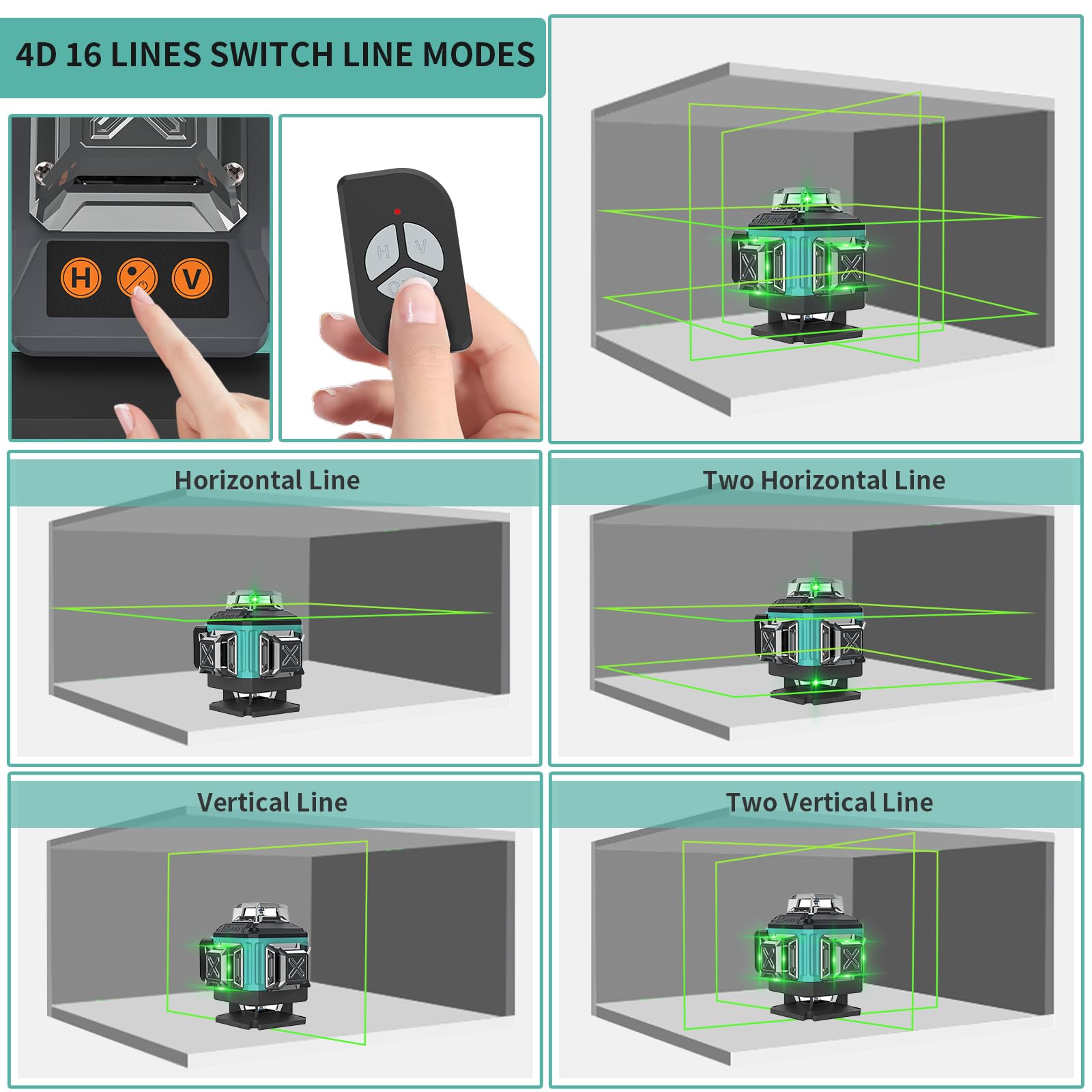 16 Lines Laser Level Self Leveling, 4x360° 4D Green Cross Line Lazer Level Tool with 2 Rechargable Batteries,Two 360° Vertical and Two 360° Horizontal Laser Dimmable brightness & Remote Controller