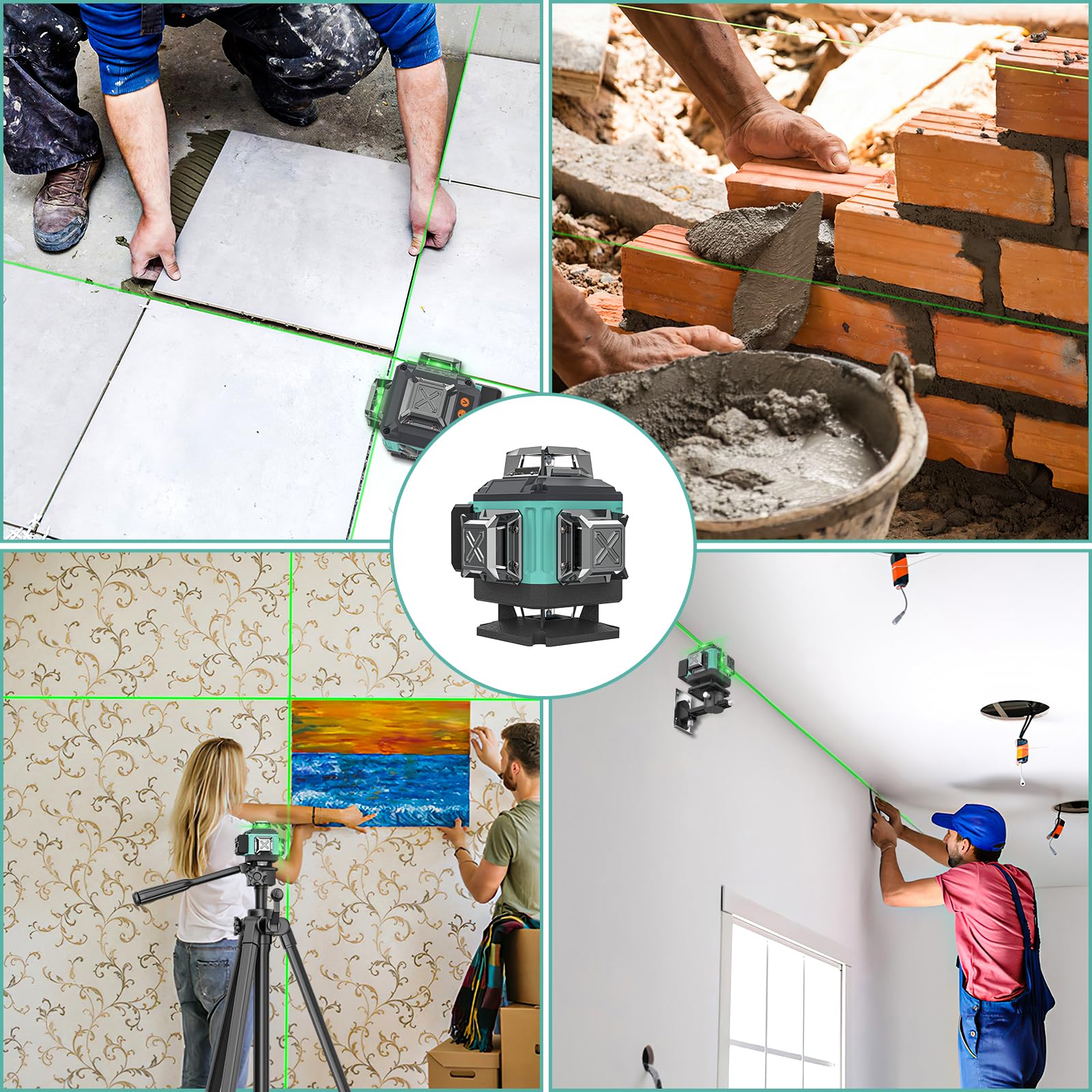 16 Lines Laser Level Self Leveling, 4x360° 4D Green Cross Line Lazer Level Tool with 2 Rechargable Batteries,Two 360° Vertical and Two 360° Horizontal Laser Dimmable brightness & Remote Controller
