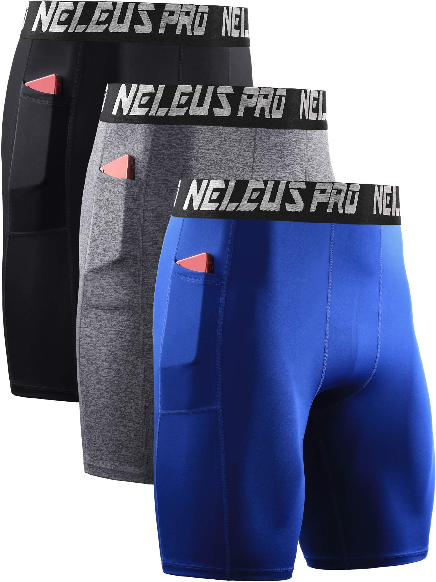 NELEUS Men's 3 Pack Compression Shorts with Pockets Dry Fit Yoga Running Shorts,6063,Black/Grey/Blue,US 2XL,EU 3XL