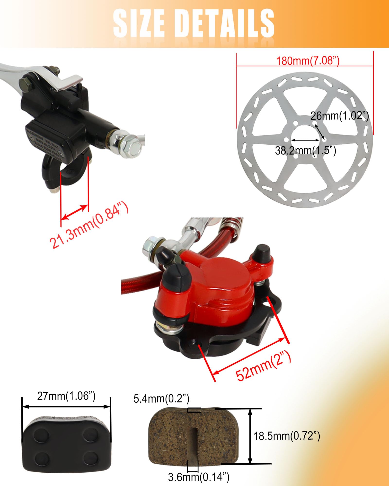 Mini Bike Brake Kit, Compatible with Bajaa Doodle Bug Dirt Bug DB30 97cc 2.8HP MiniBike Go Karts Hydraulic Disc Brake Caliper Assembly 180mm Rear Brake Disc Rotor with Pads Kit