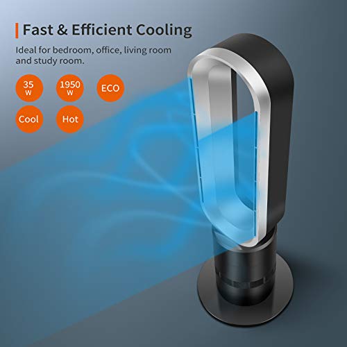 HealSmart 32-inch Space Heater Bladeless Tower Fan, Heater & Fan Combo, 9H Timer 10 Speeds with Remote Control, Air Circulator Fan for Home