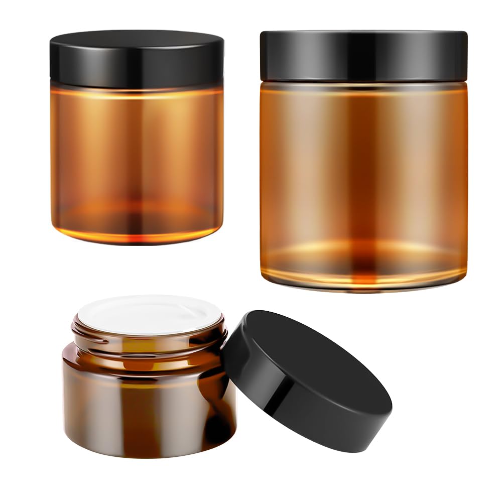 Amber Glass Jar with Lids, Tecohouse 4 oz, 2 oz and 1 oz Glass Jars with Lids & Stickers, Reusable Travel Containers for Creams, Lotion, Cosmetic - 3 pack