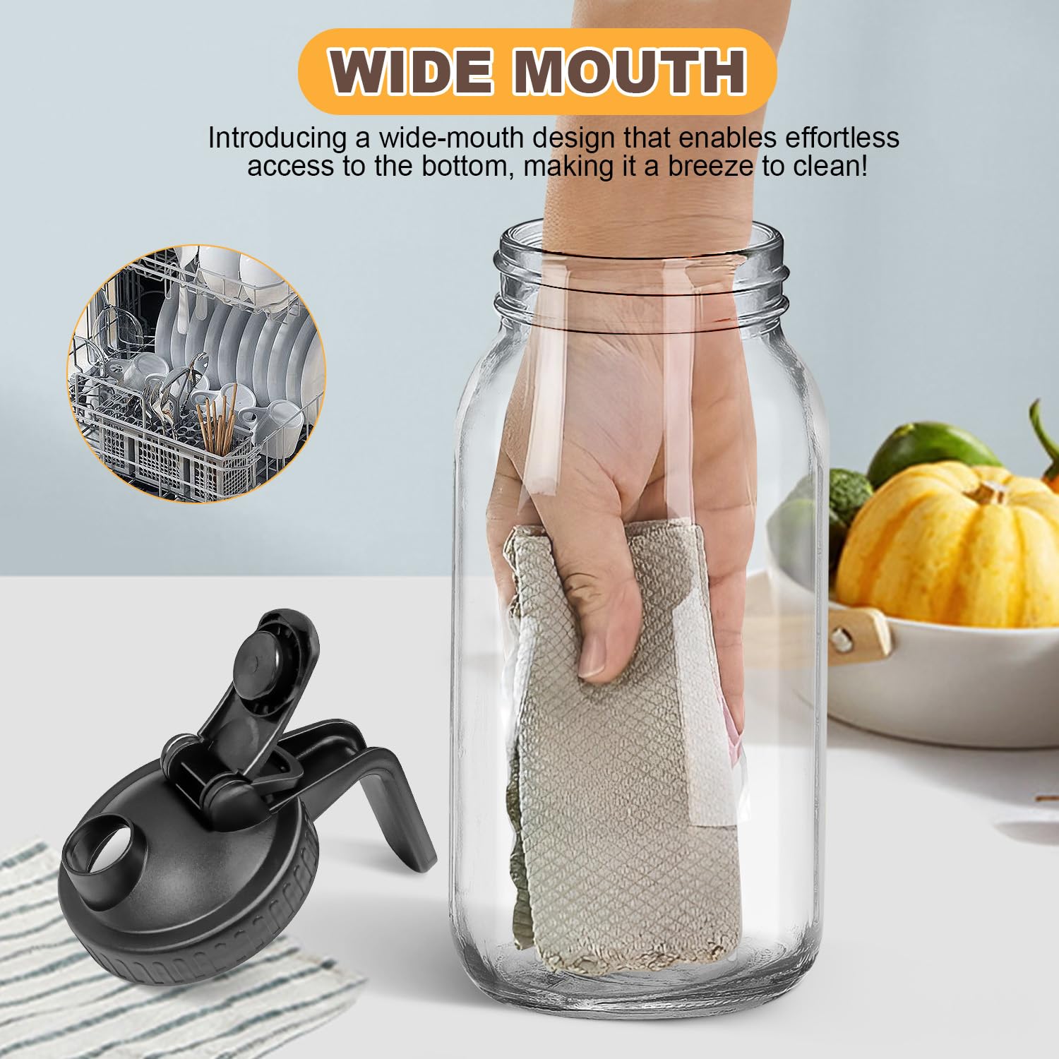 UYEIKMLOP 32 OZ Mason Jars with Lid, Glass Pitcher Double Leak Proof with Pour Spout Handle, 2 Quart Wide Mouth Breast Milk Pitcher for Fridge, Creamer Container for Coffee, Sun Tea(Black,2 Pack)