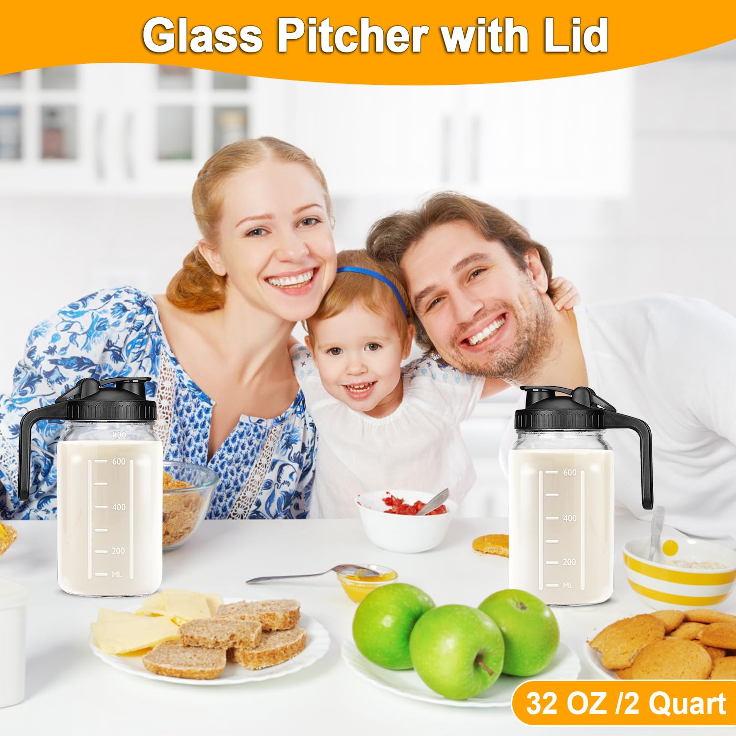 UYEIKMLOP 32 OZ Mason Jars with Lid, Glass Pitcher Double Leak Proof with Pour Spout Handle, 2 Quart Wide Mouth Breast Milk Pitcher for Fridge, Creamer Container for Coffee, Sun Tea(Black,2 Pack)