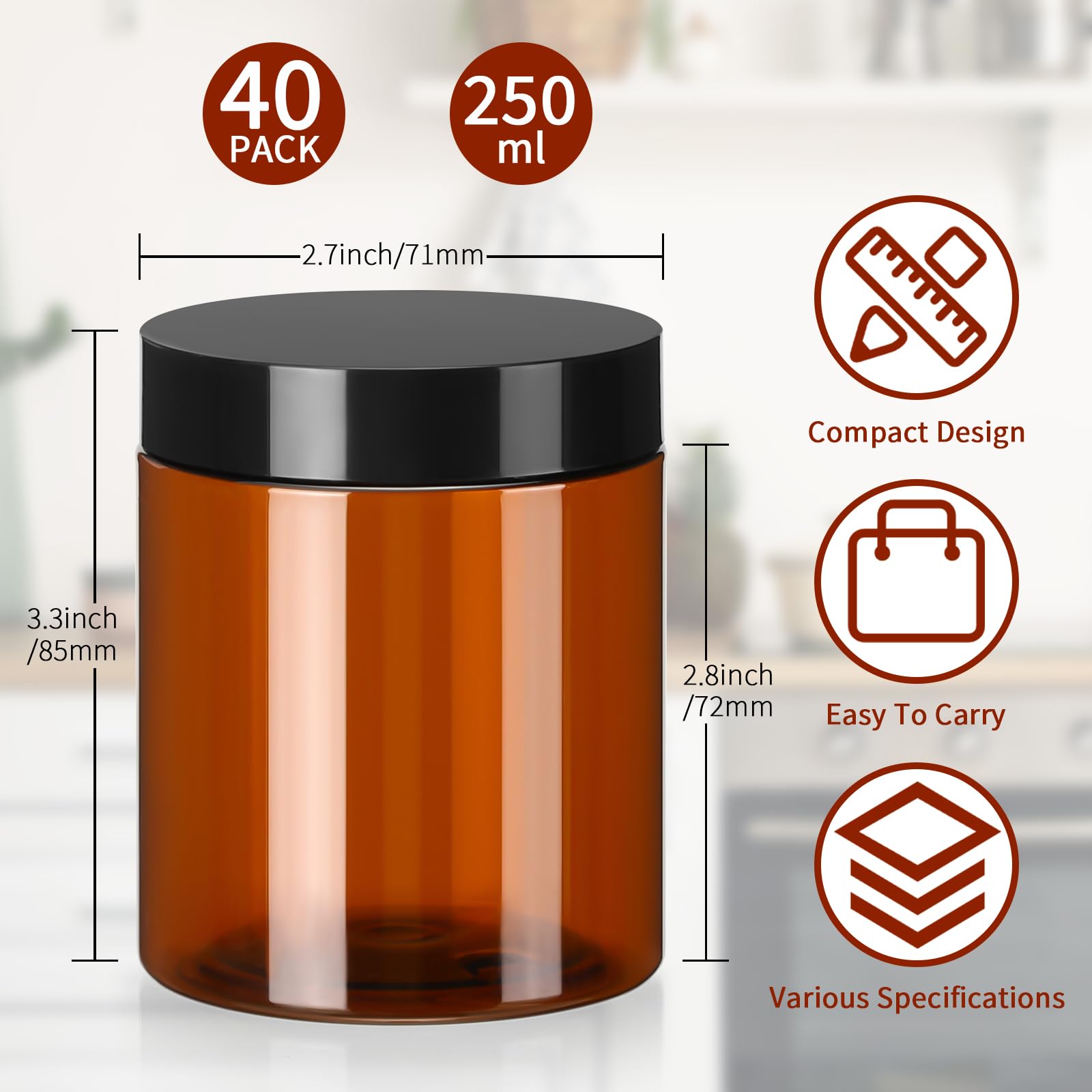 Tanlade 40 Pcs Amber Plastic Jars with Lids Round Cosmetic Containers Amber Jars Refillable Containers for Powder Liquid Food Storage Kitchen Cosmetic Lotion Ointments Creams Essential Oil (8 oz)