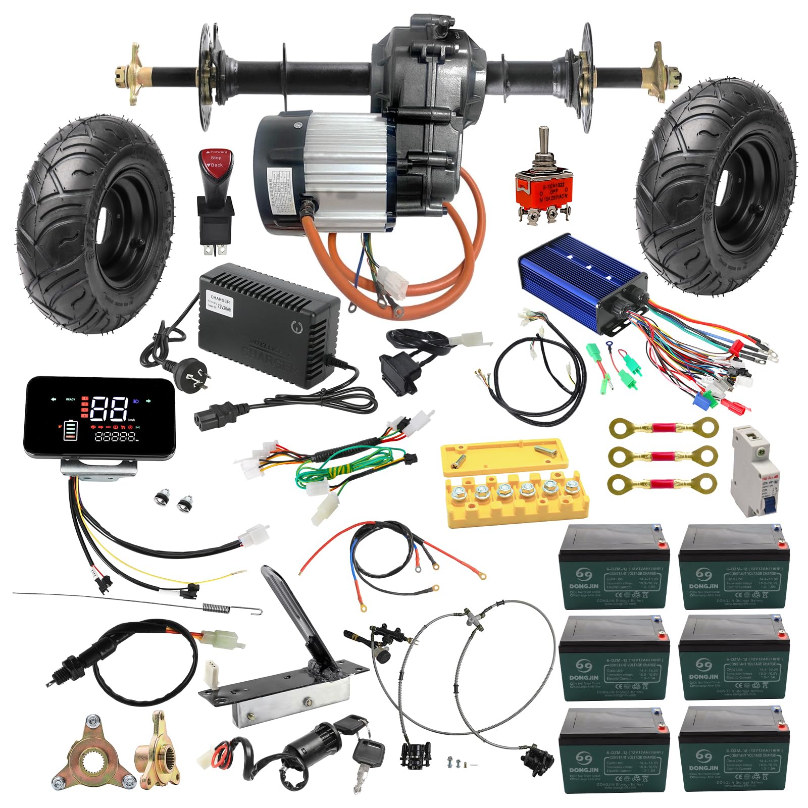 YC Yier Rear Differential Axle Kit 72V 1500W Electric Motor Controller Battery Hydraulic Brake 13x5.00-6 Wheels Tires DIY Parts For Go Kart Golf Cart ATV Quad Buggy Trike Tricycle 4 Wheeler (34" Axle)