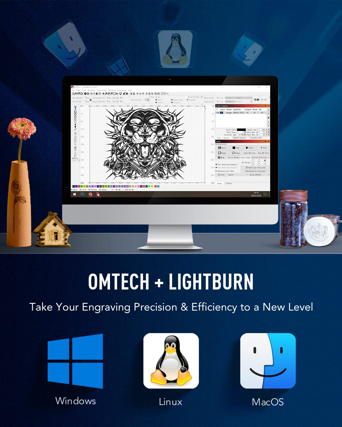 OMTech 90W CO2 Laser Engraver with LightBurn, 24x35 Inch Laser Engraving Cutting Machine with Autofocus Ruida Control Panel 4 Way Pass Air Assist, Commercial Laser Cutter for Wood Glass Acrylic More