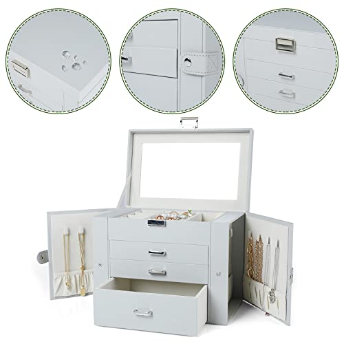DQUTAR Jewelry Box for Women 4-layer Leather Large Jewelry Organizer Box with Drawers&Mirror for Necklace/Ring/Earring/Watch Storage (Grey)