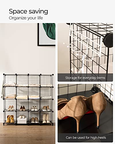 DINMO Wire Cube Storage Organizer, 16-Cube Metal Grid Storage Shelves, Modular Storage System, Closet Organizer, Ideal for Home, Office, Living Room, Stackable, 12" x 12", Black