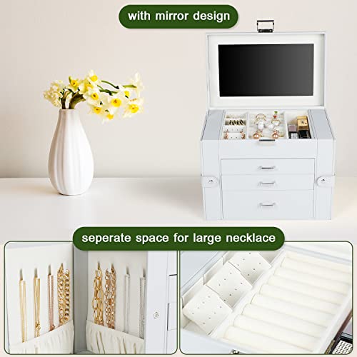 DQUTAR Jewelry Box for Women 4-layer Leather Large Jewelry Organizer Box with Drawers&Mirror for Necklace/Ring/Earring/Watch Storage (Grey)