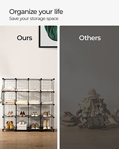 DINMO Wire Cube Storage Organizer, 16-Cube Metal Grid Storage Shelves, Modular Storage System, Closet Organizer, Ideal for Home, Office, Living Room, Stackable, 12" x 12", Black