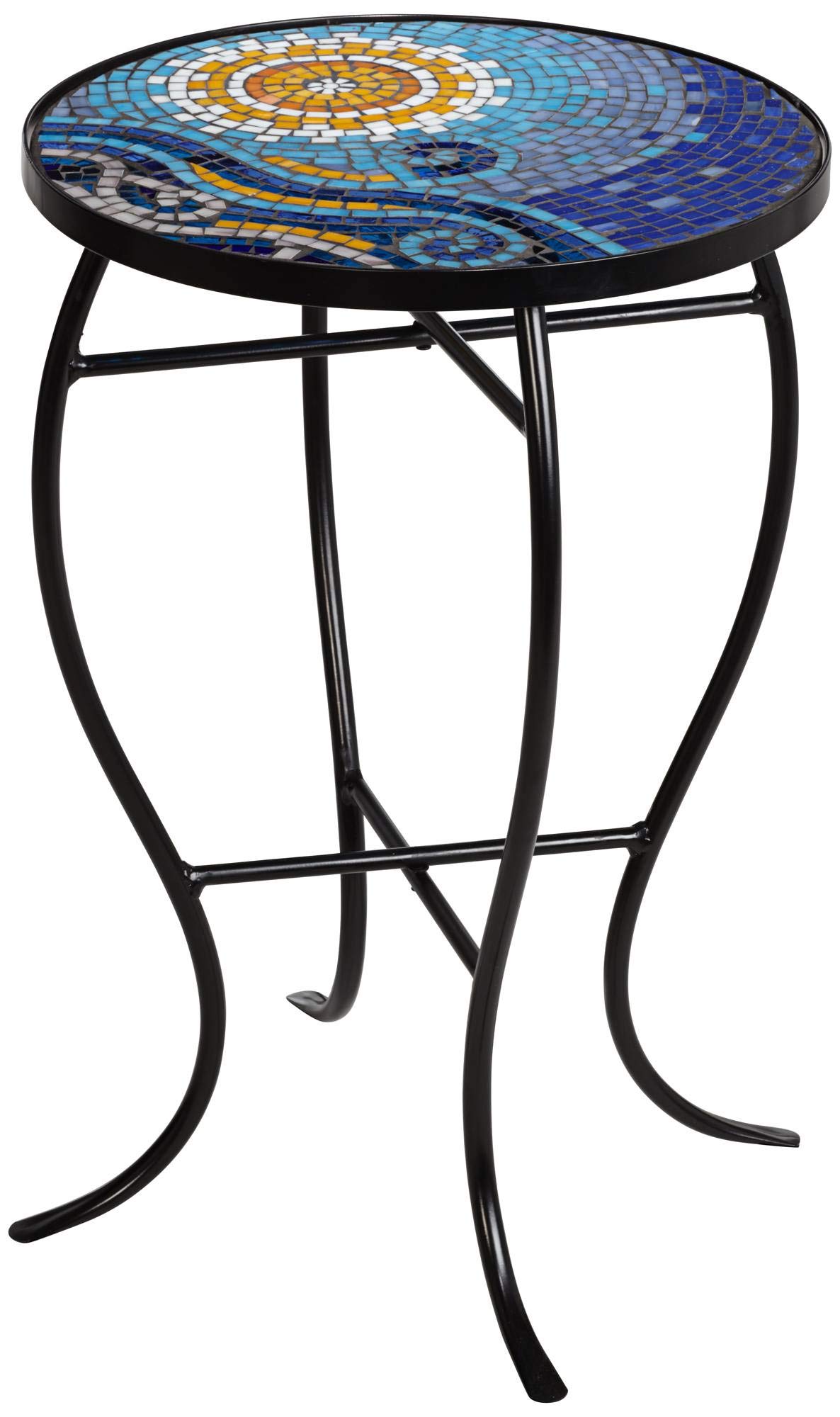 Teal Island Designs Ocean Modern Black Metal Round Outdoor Accent Side Table 14" Wide Blue Mosaic Tile Tabletop Gracefully Curved Legs Front Porch Patio Home House Balcony Deck Shed Yard