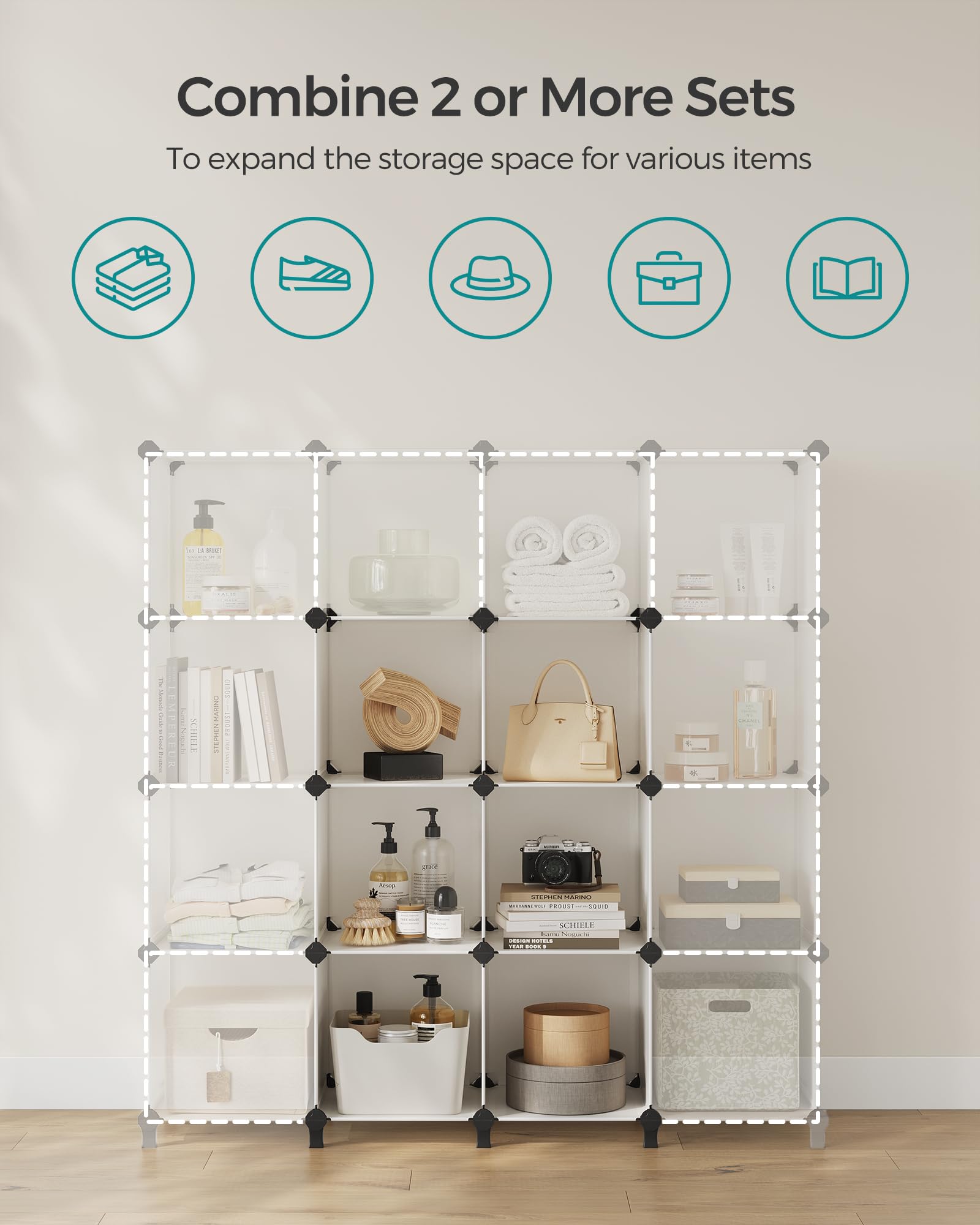 SONGMICS 6 Cube Storage Organizer, DIY Closet Shelf, Plastic Clothes Organizer, Modular Bookcase, 11.8 x 11.8 x 11.8 Inch Cubes, with Feet and Rubber Mallet, Cream White ULPC111M01