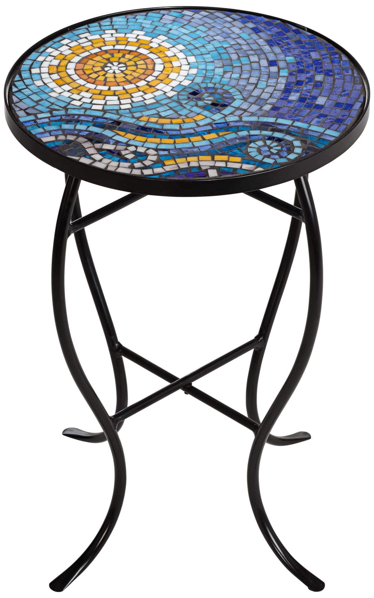 Teal Island Designs Ocean Modern Black Metal Round Outdoor Accent Side Table 14" Wide Blue Mosaic Tile Tabletop Gracefully Curved Legs Front Porch Patio Home House Balcony Deck Shed Yard