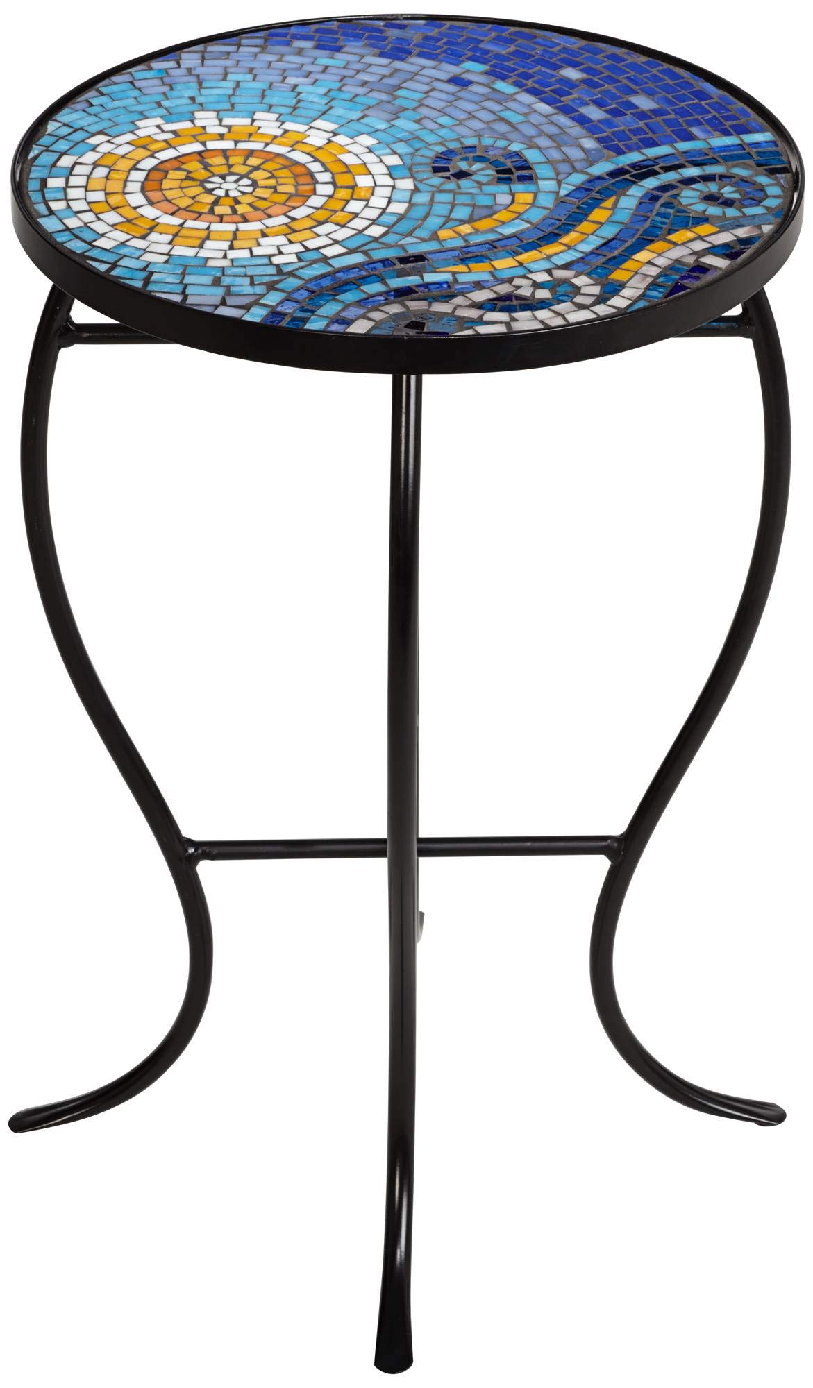 Teal Island Designs Ocean Modern Black Metal Round Outdoor Accent Side Table 14" Wide Blue Mosaic Tile Tabletop Gracefully Curved Legs Front Porch Patio Home House Balcony Deck Shed Yard