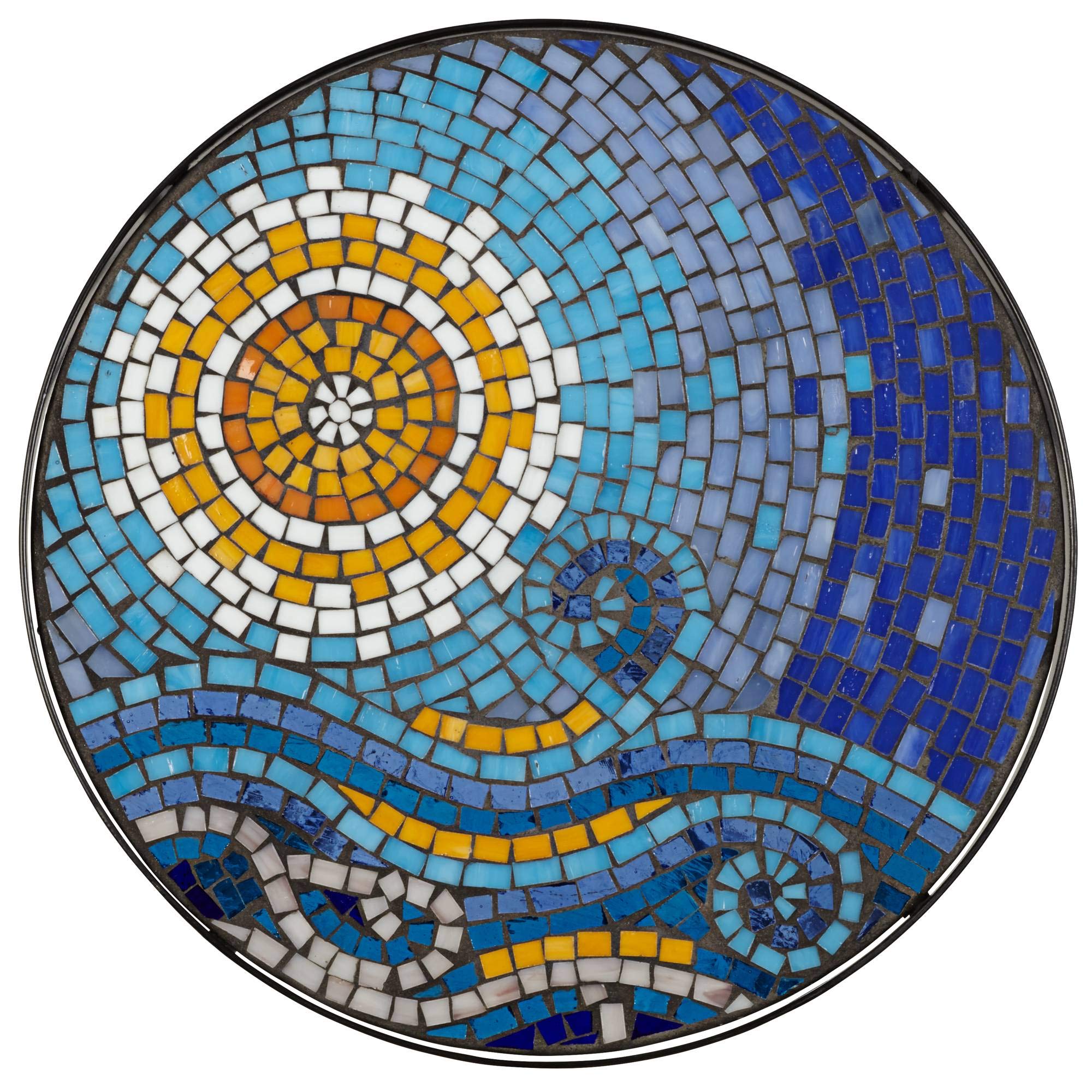 Teal Island Designs Ocean Modern Black Metal Round Outdoor Accent Side Table 14" Wide Blue Mosaic Tile Tabletop Gracefully Curved Legs Front Porch Patio Home House Balcony Deck Shed Yard