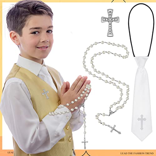 5 Pieces Boys First Holy Communion Accessories Boys Communion Set Including 1 White Tie 1 Folded Handkerchief Embroidered with the Cross 1 Cross Pin 1 Pearl Rosary 1 Cross Candle for Baptism
