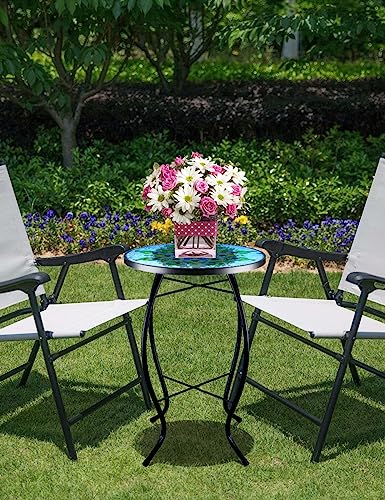 VCUTEKA Patio Side Table Outdoor Coffee Table Mosaic Accent Table Round Small End Table Bistro for Living Room Porch Balcony Backyard Garden Peacock Feather