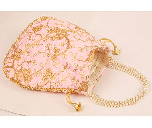 INDTRESOR beaded hand embroidered evening purse handbag vintage party wedding gift for women. Light Pink gold pearl