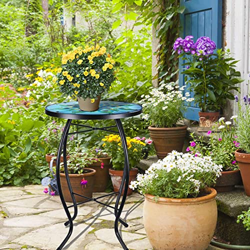 VCUTEKA Patio Side Table Outdoor Coffee Table Mosaic Accent Table Round Small End Table Bistro for Living Room Porch Balcony Backyard Garden Peacock Feather