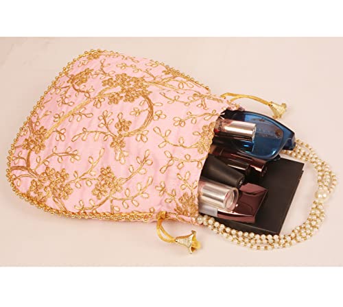 INDTRESOR beaded hand embroidered evening purse handbag vintage party wedding gift for women. Light Pink gold pearl